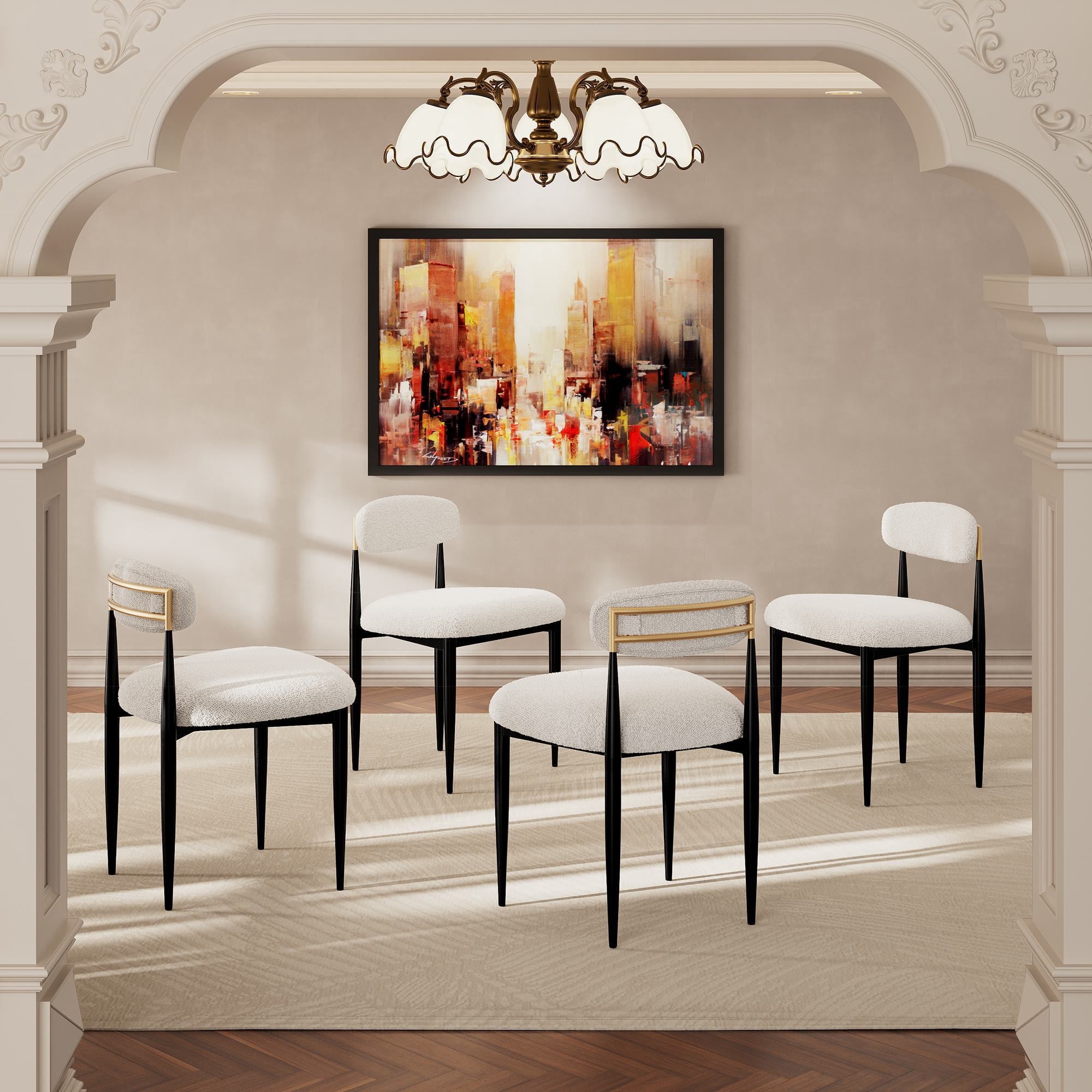 Modern WHITE Boucle Upholstered Dining Chair Metal Frame Armless chair ...