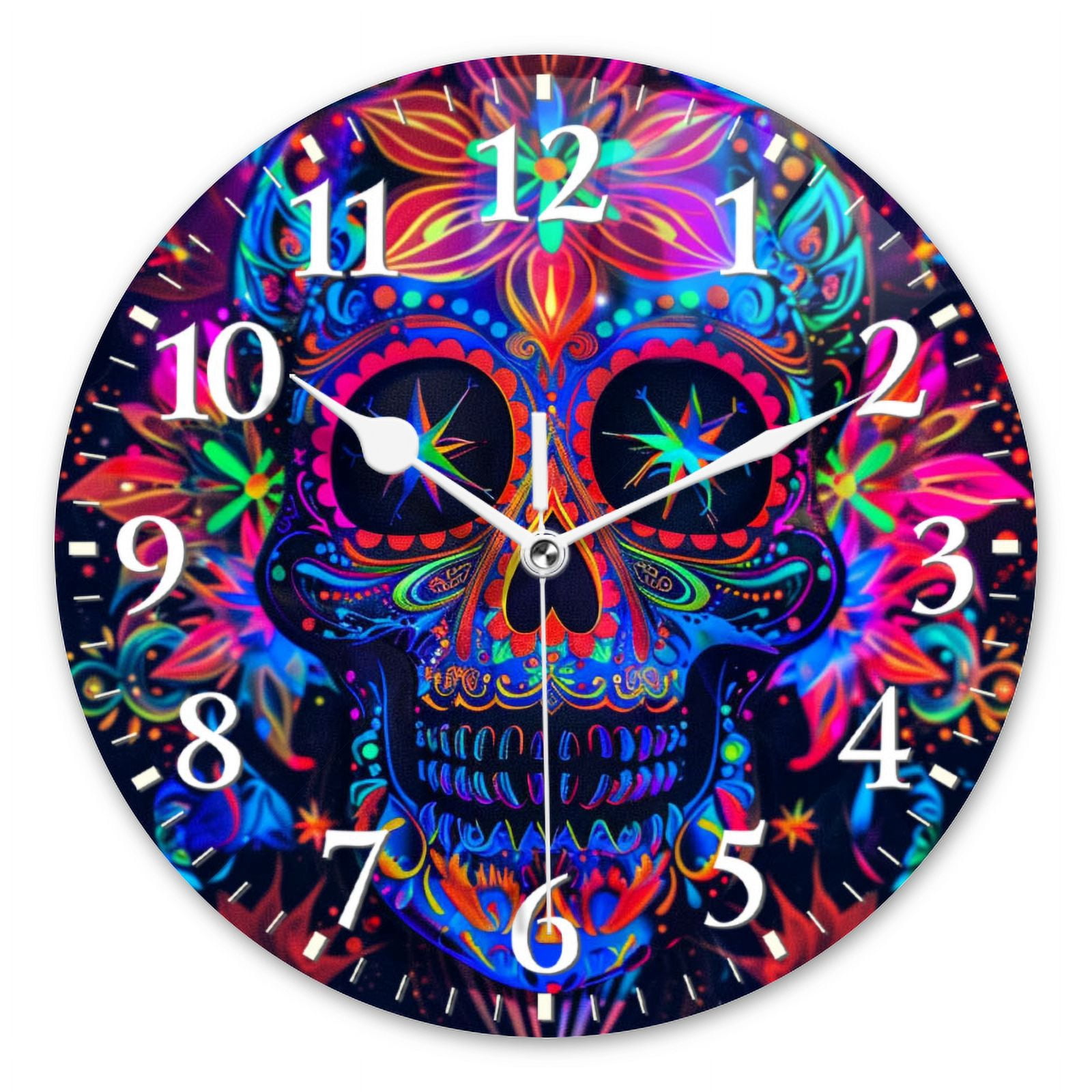 Round Wall Clock,Mexican Skull With Neon Colors,Silent Non-Ticking Wall ...