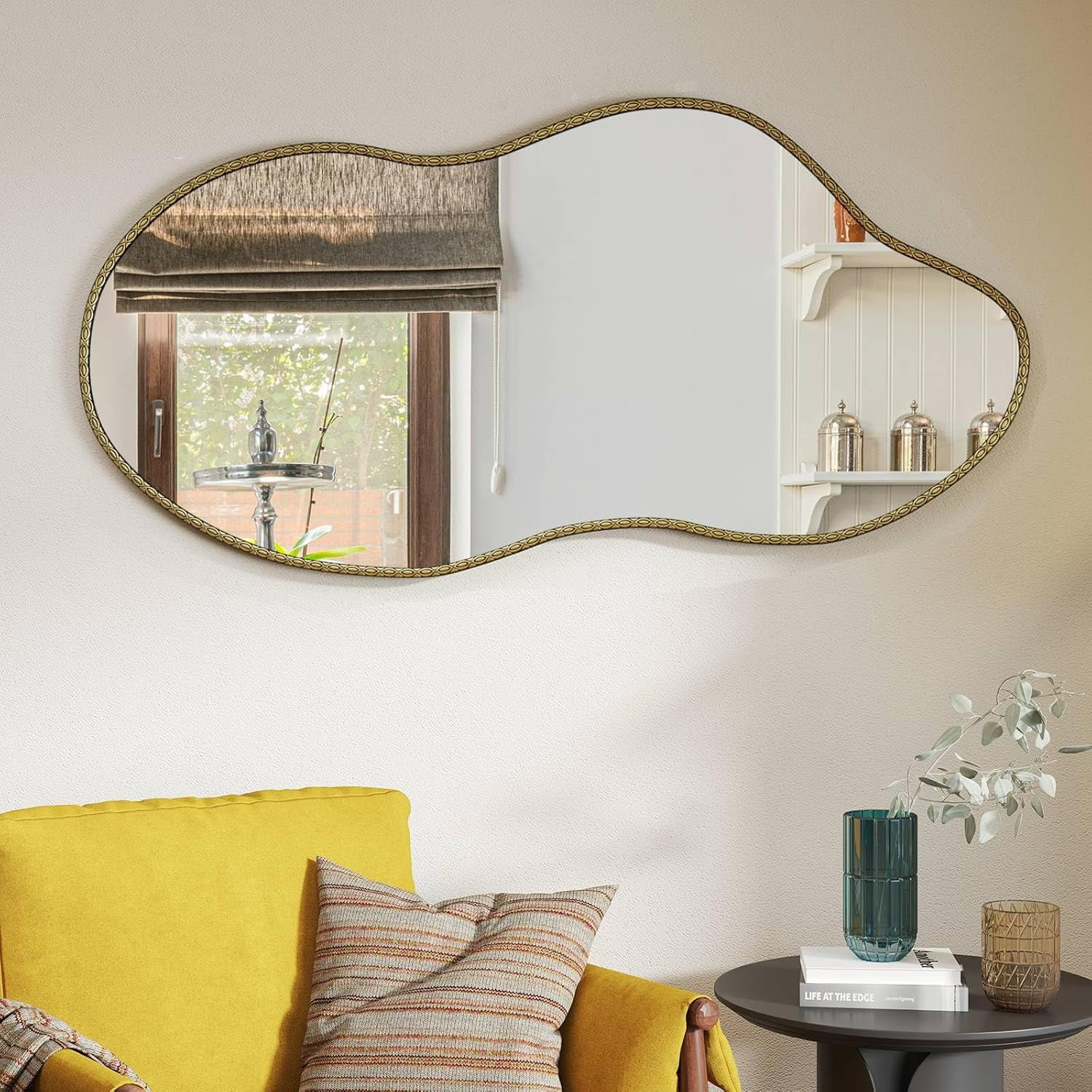 Modern Wall Mirror Irregular 21 x 36 Inches, Gold Asymmetrical Bathroom Mirror, Decorative ...