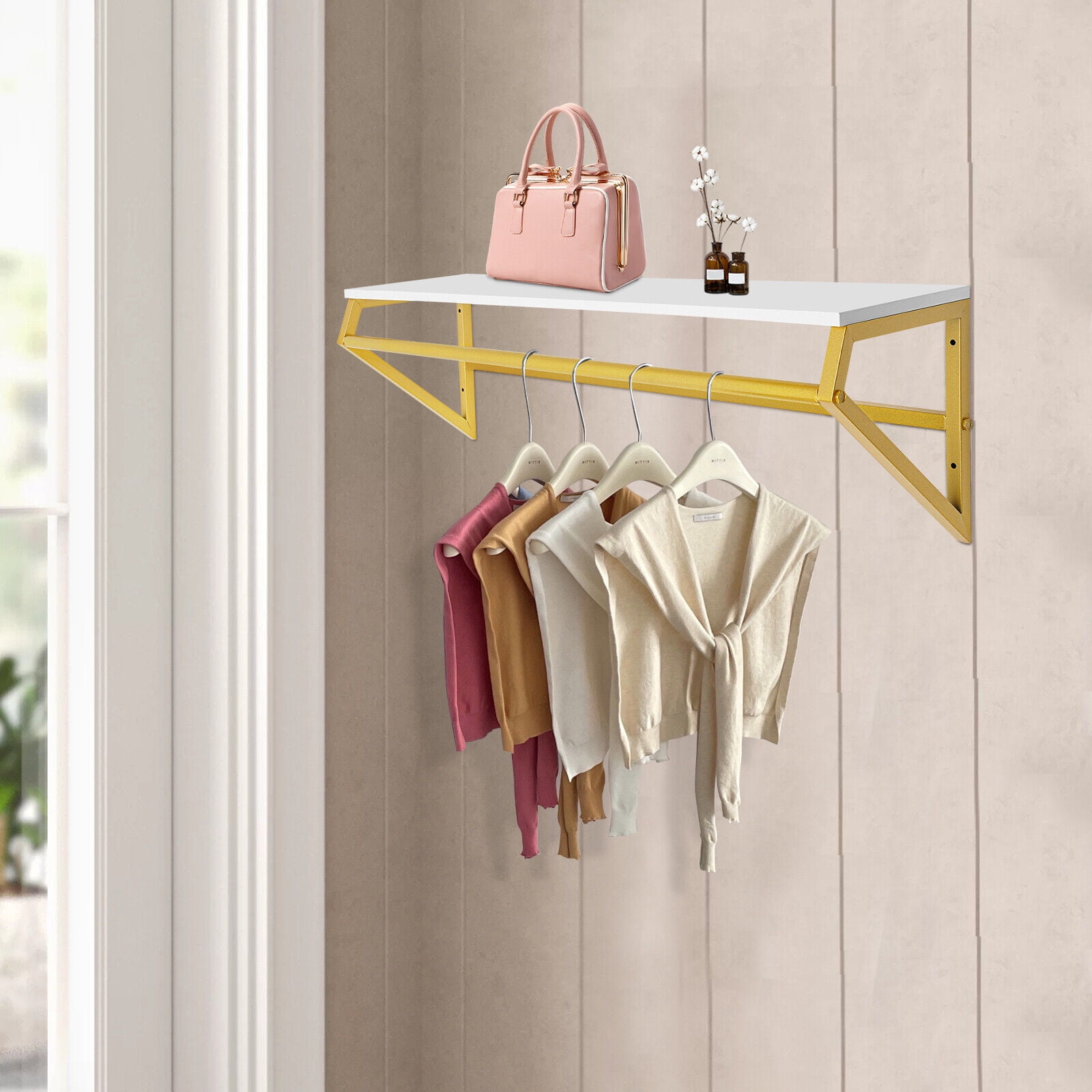 Modern Wall Mount Clothes Rack with Top Shelf, Wall Mounted Garment ...