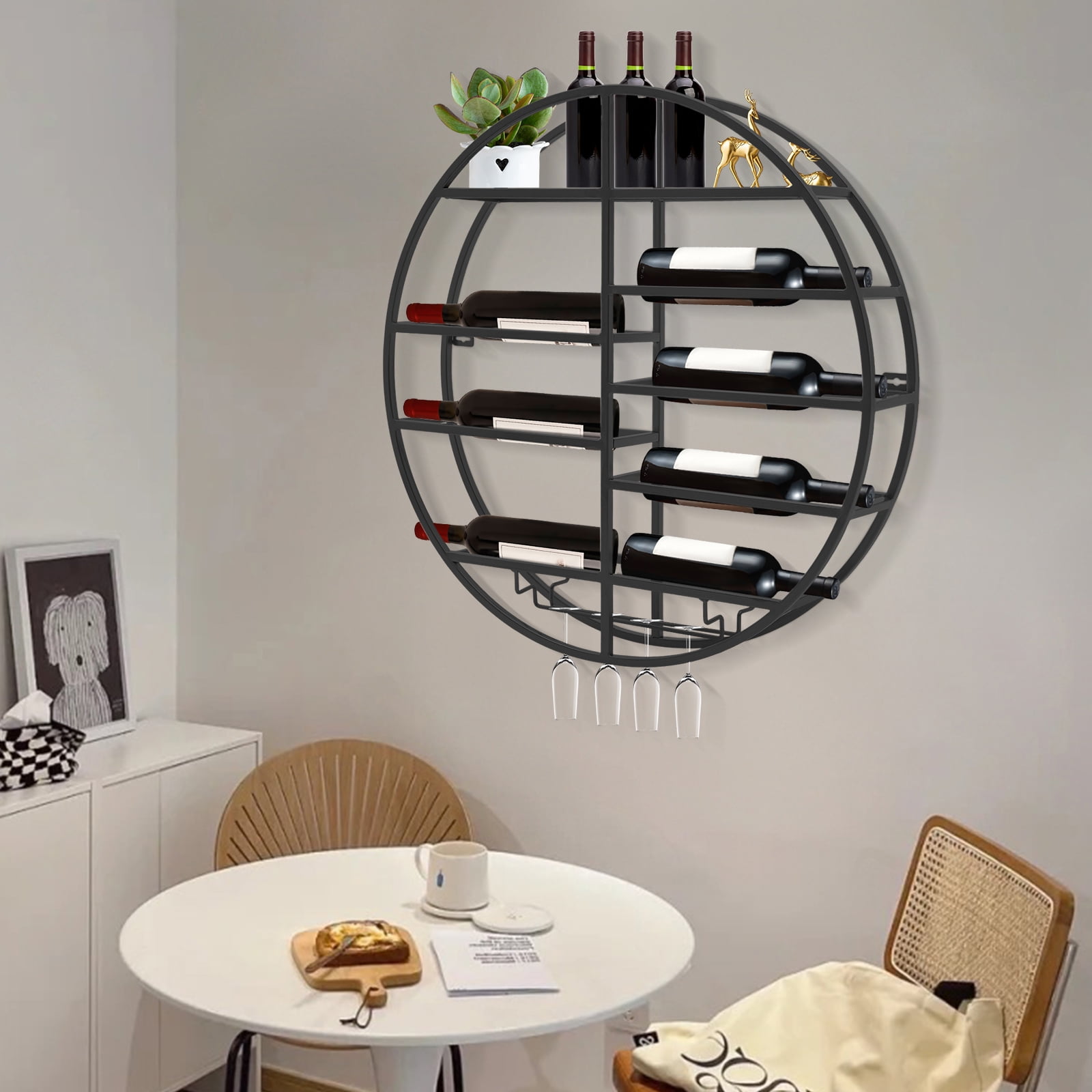 Modern Wall-Mounted Wine Rack for 7 Bottles & 4 Glasses, Black Iron ...
