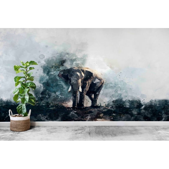 Modern Wallpaper, Alone Elephant Wall Print, Watercolor Elephant ...