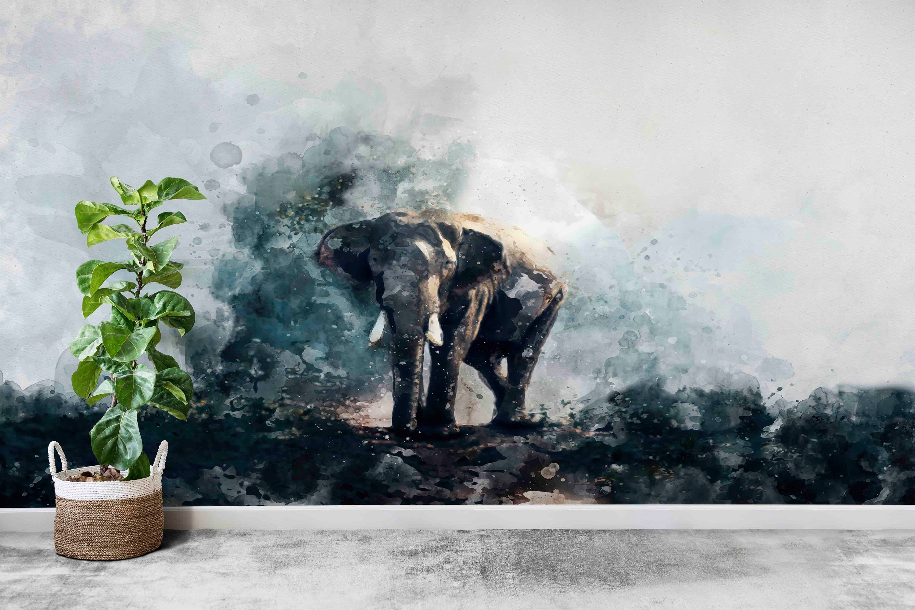 Modern Wallpaper, Alone Elephant Wall Print, Watercolor Elephant ...