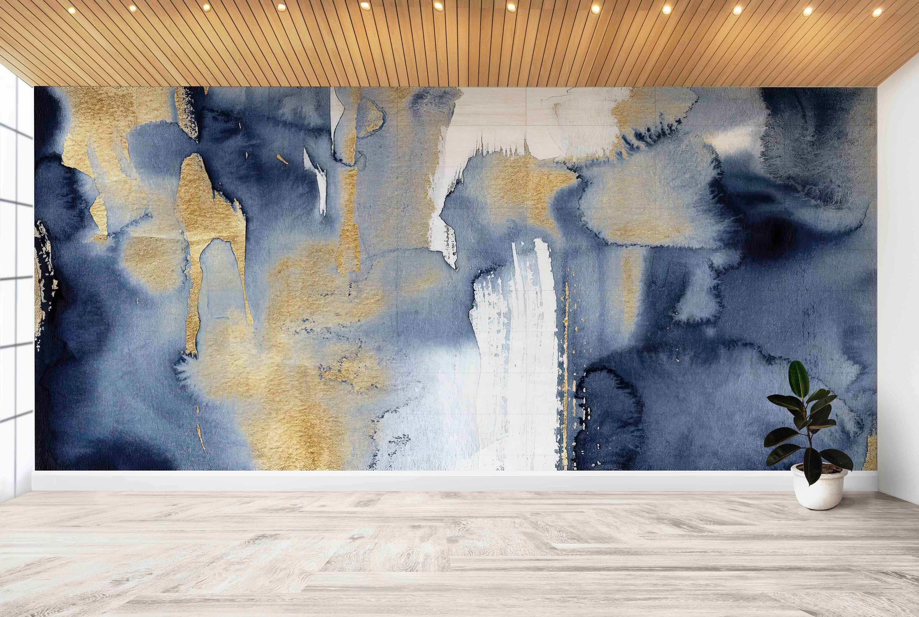Modern Wallpaper, Blue And Gold Painting, Wallpaper Wall Art, Paper ...