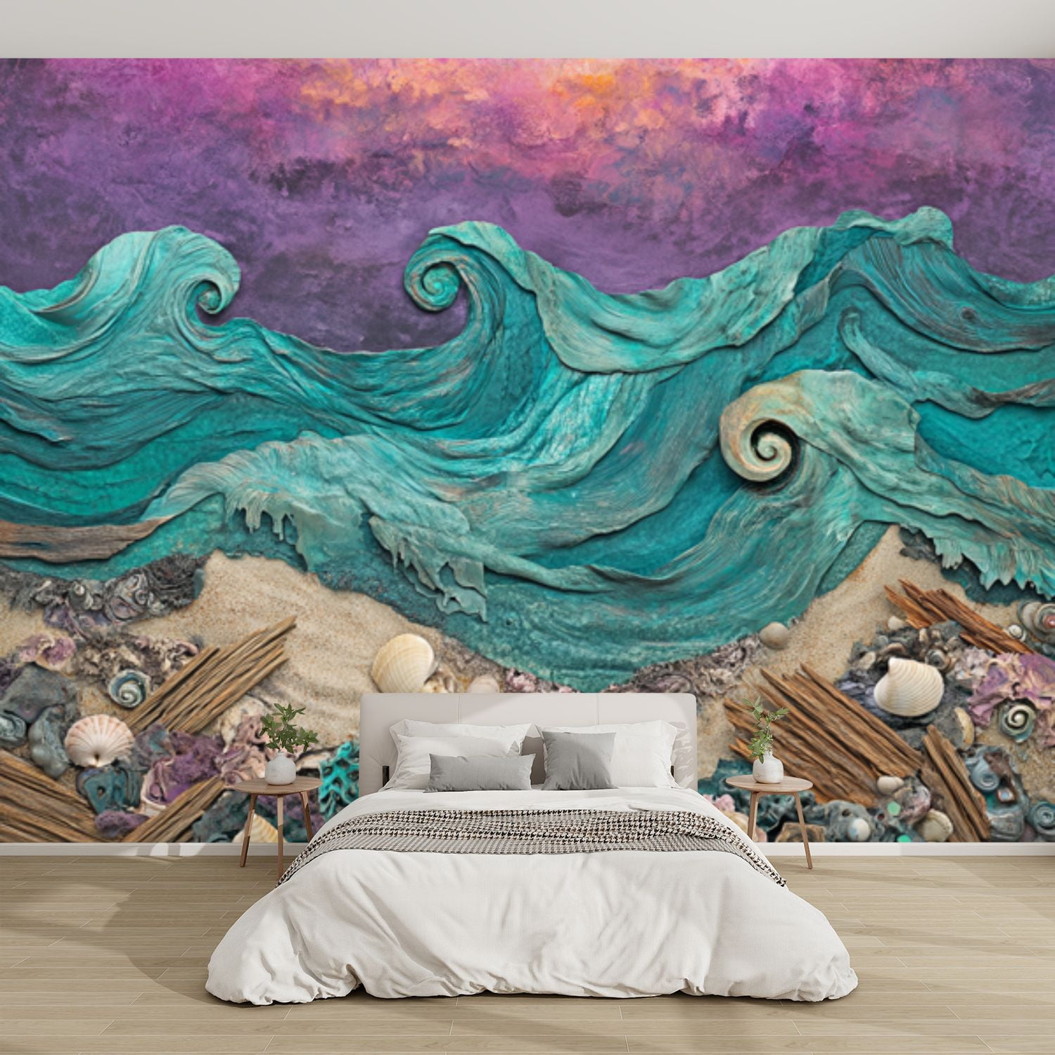 Modern Wallpaper Murals 3D Abstract Coastal Seascape Art Teal Turquoise ...