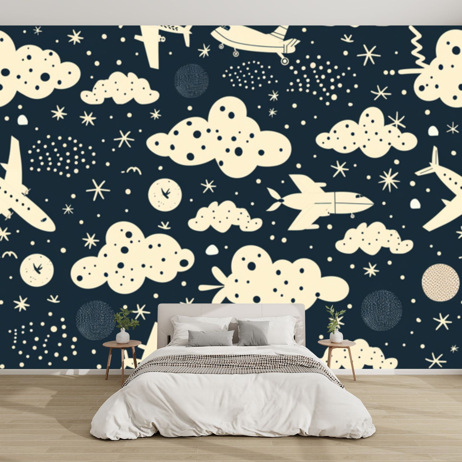 Modern Wallpaper Murals 3D Airplane Navy Ivory Airplanes Clouds ...
