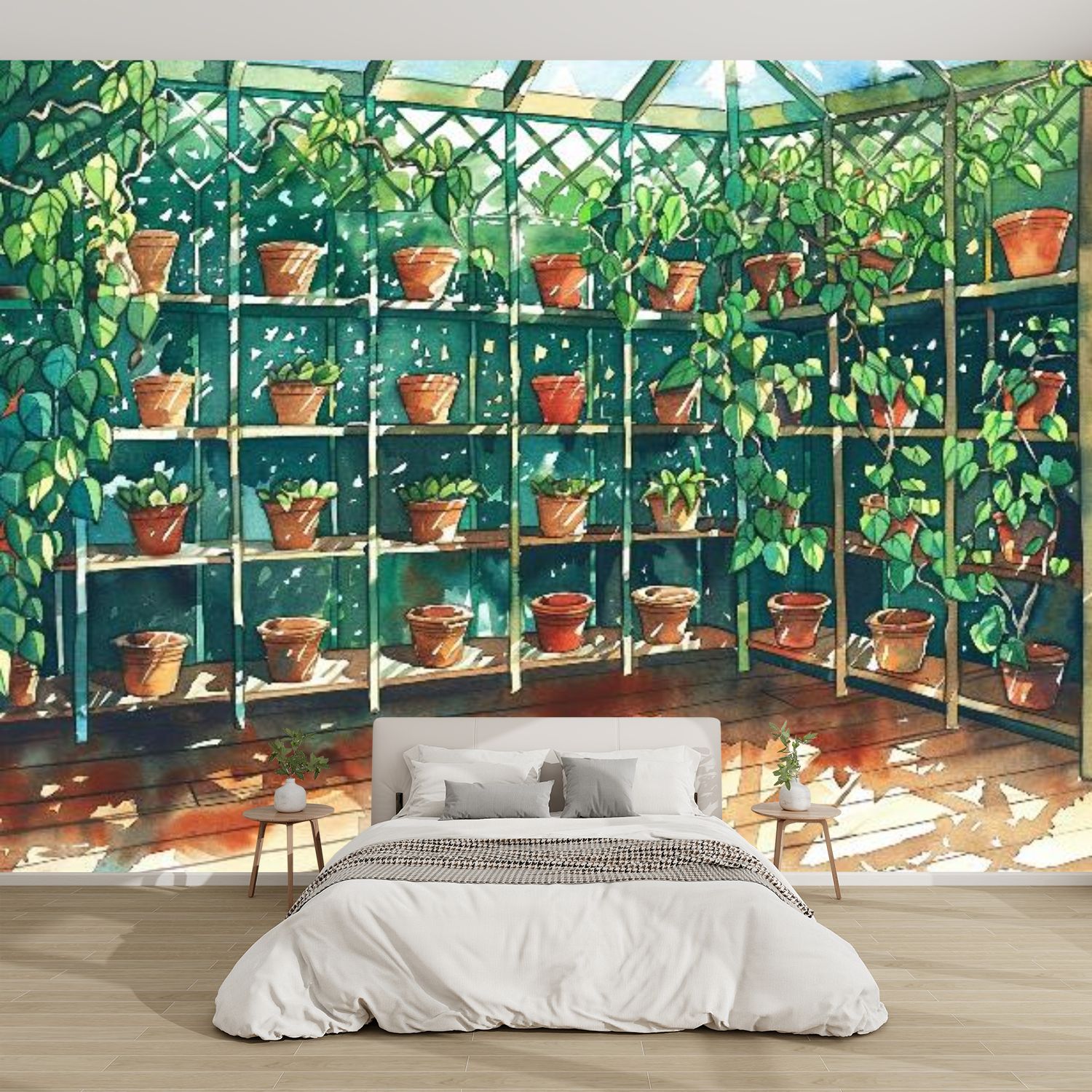 Modern Wallpaper Murals 3D Antique cotta Pot Botanicals Watercolor Sun ...