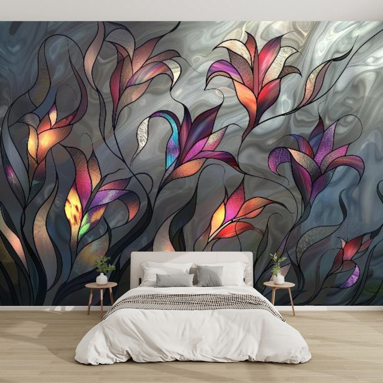 Modern Wallpaper Murals 3D Art Abstract Blooms against Grey Stained ...