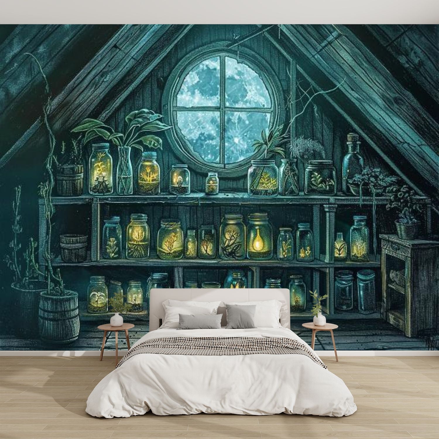Modern Wallpaper Murals 3D Attic Pastel Art Eerie Plant Jars Peel and ...