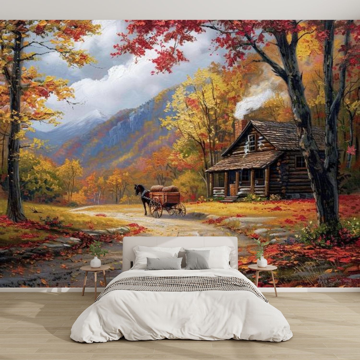 Modern Wallpaper Murals 3D Autumn Smokies Oil Cades Cove Scene Peel and ...