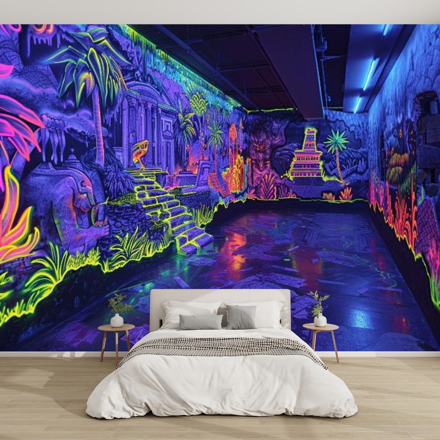 Modern Wallpaper Murals 3D Blacklight Neon Jungle Mural Hidden Ancient ...
