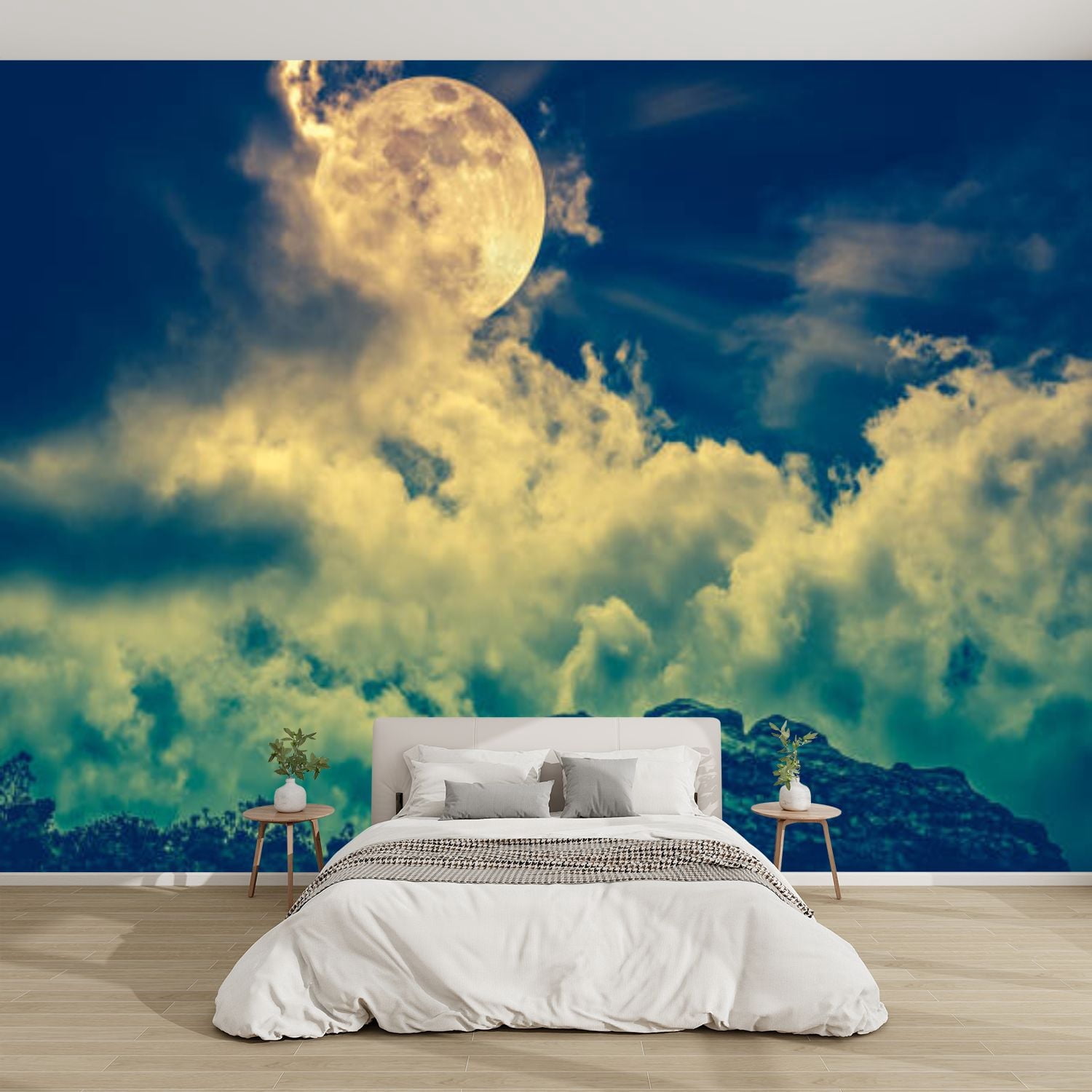 Modern Wallpaper Murals 3D Boulder against sky clouds Cross process ...
