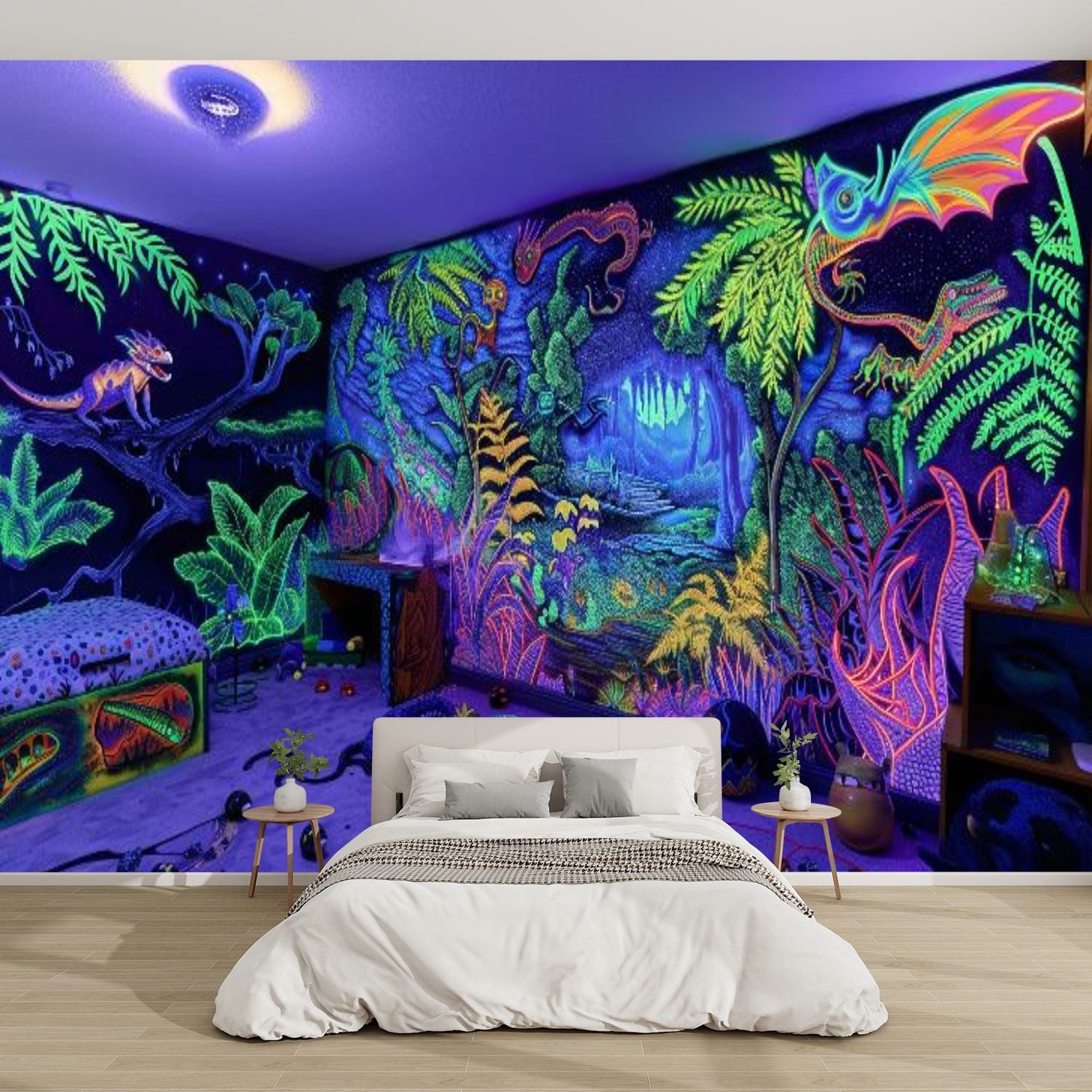 Modern Wallpaper Murals 3D Boys Blacklight Neon Jungle Mural Hidden ...