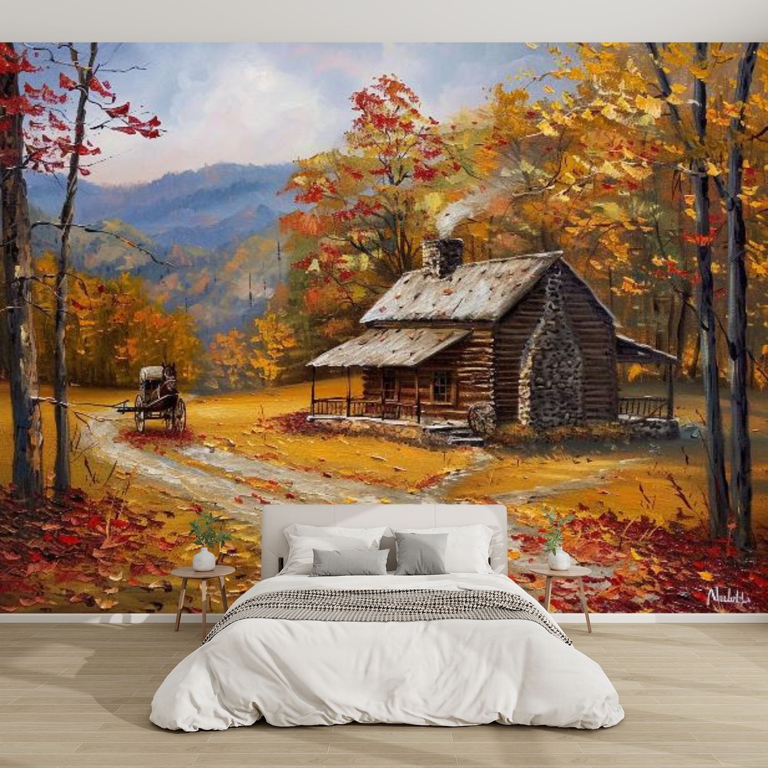 Modern Wallpaper Murals 3D Cades Cove Log Cabin Fall Foliage Oil Art ...
