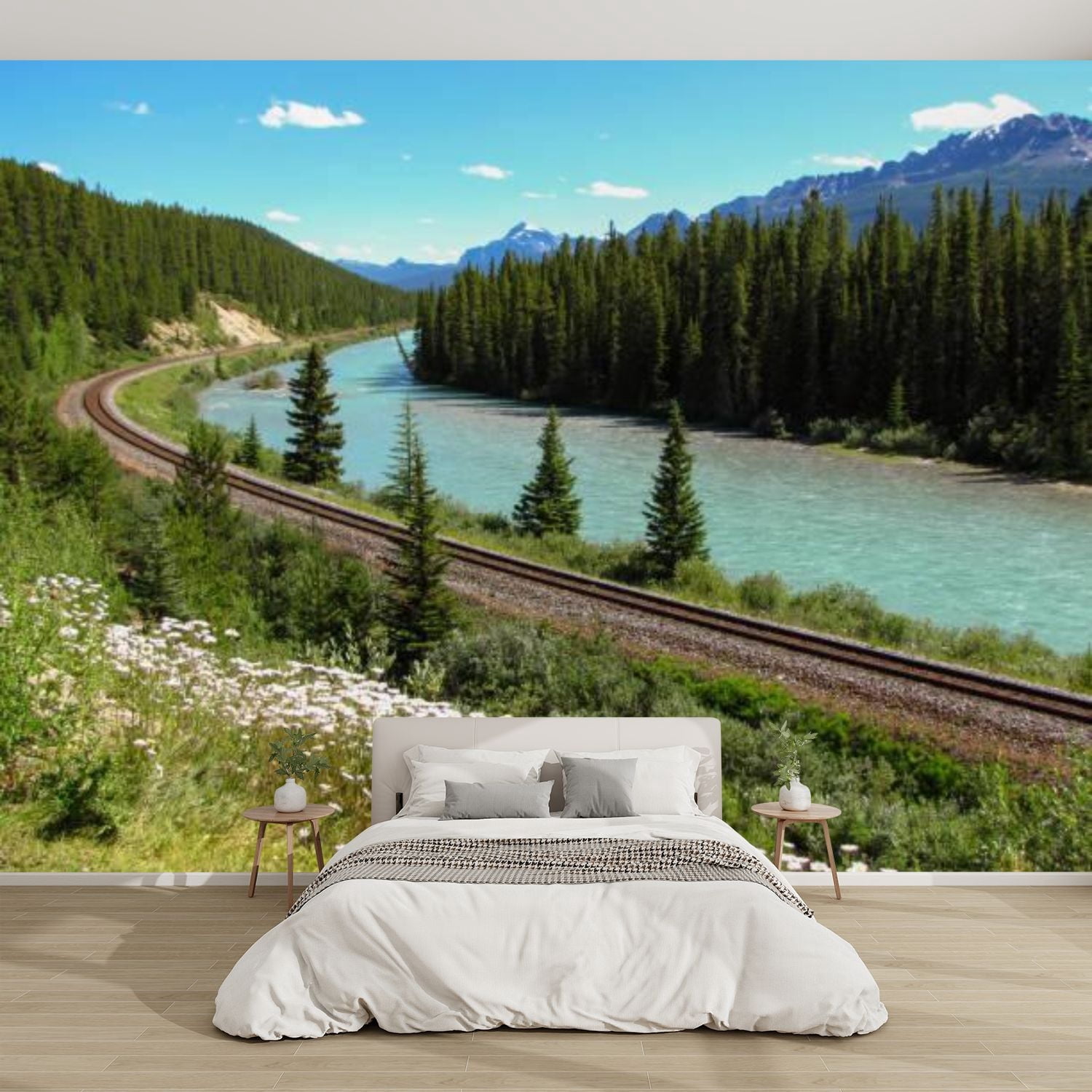 Modern Wallpaper Murals 3D Canadian summer landscape flowers pine trees ...