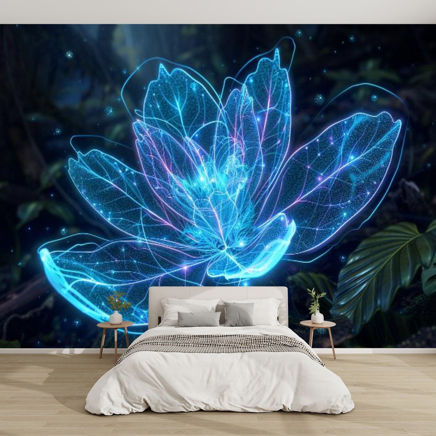 Modern Wallpaper Murals 3D Celestial Flower Anatomy Art Neon Outline ...