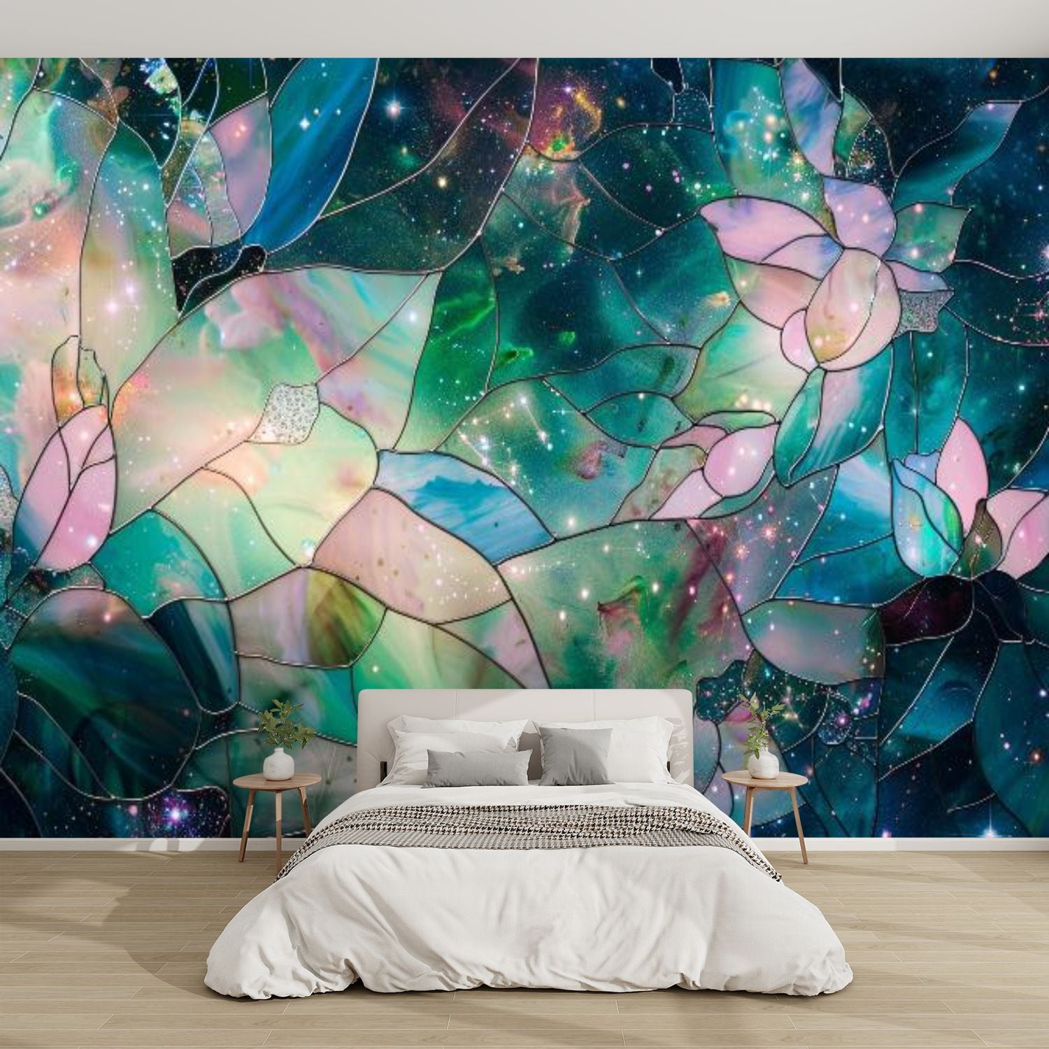 Modern Wallpaper Murals 3D Celestial Meadow Stained Glass Decor Pastel Cosmic Elegance Peel and ...
