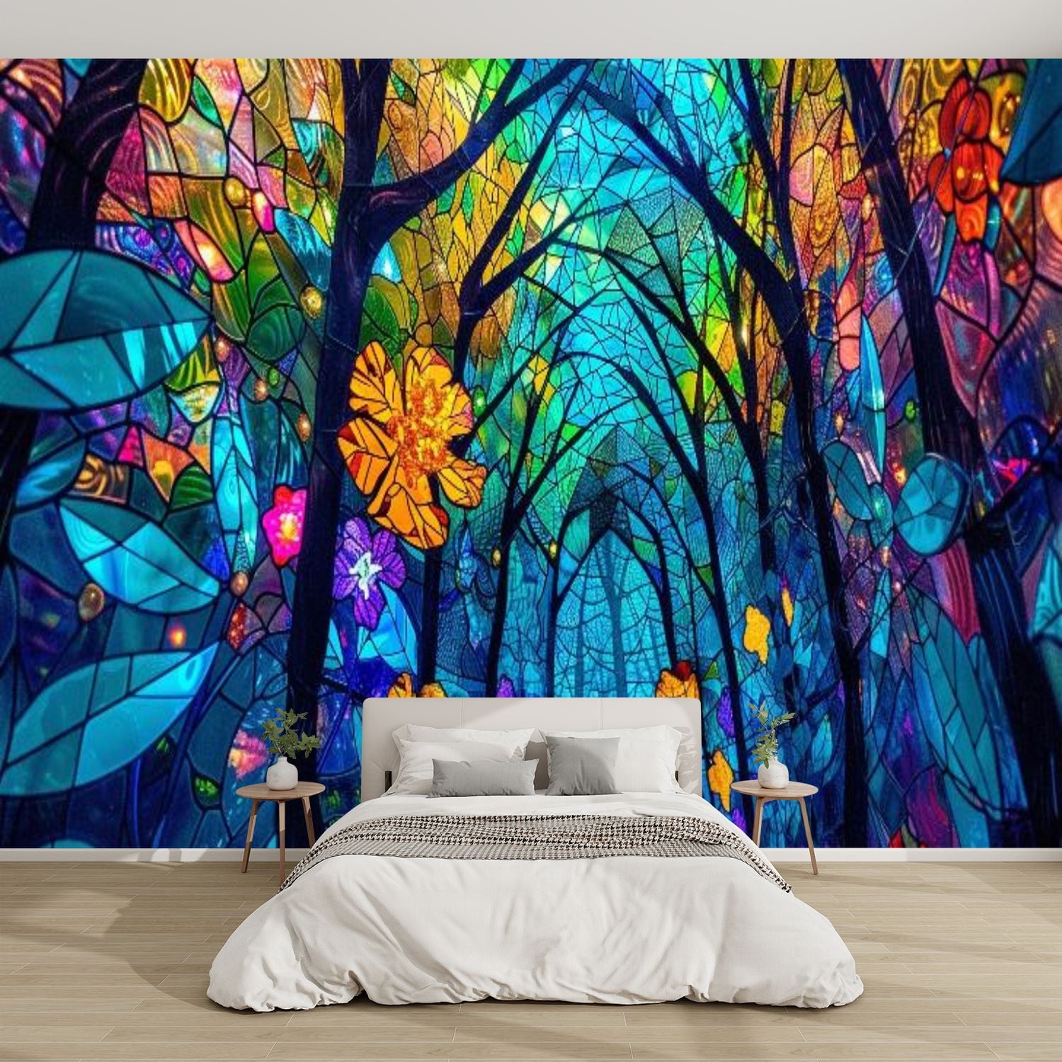 Modern Wallpaper Murals 3D Cerulean Leaf Neon Flower Stained Glass ...
