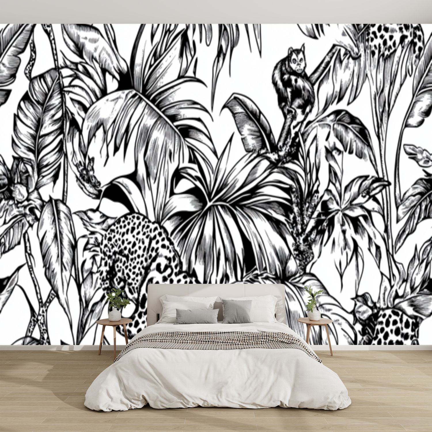 Modern Wallpaper Murals 3D Classic Pen Ink Tropical Jungle Monochrome ...