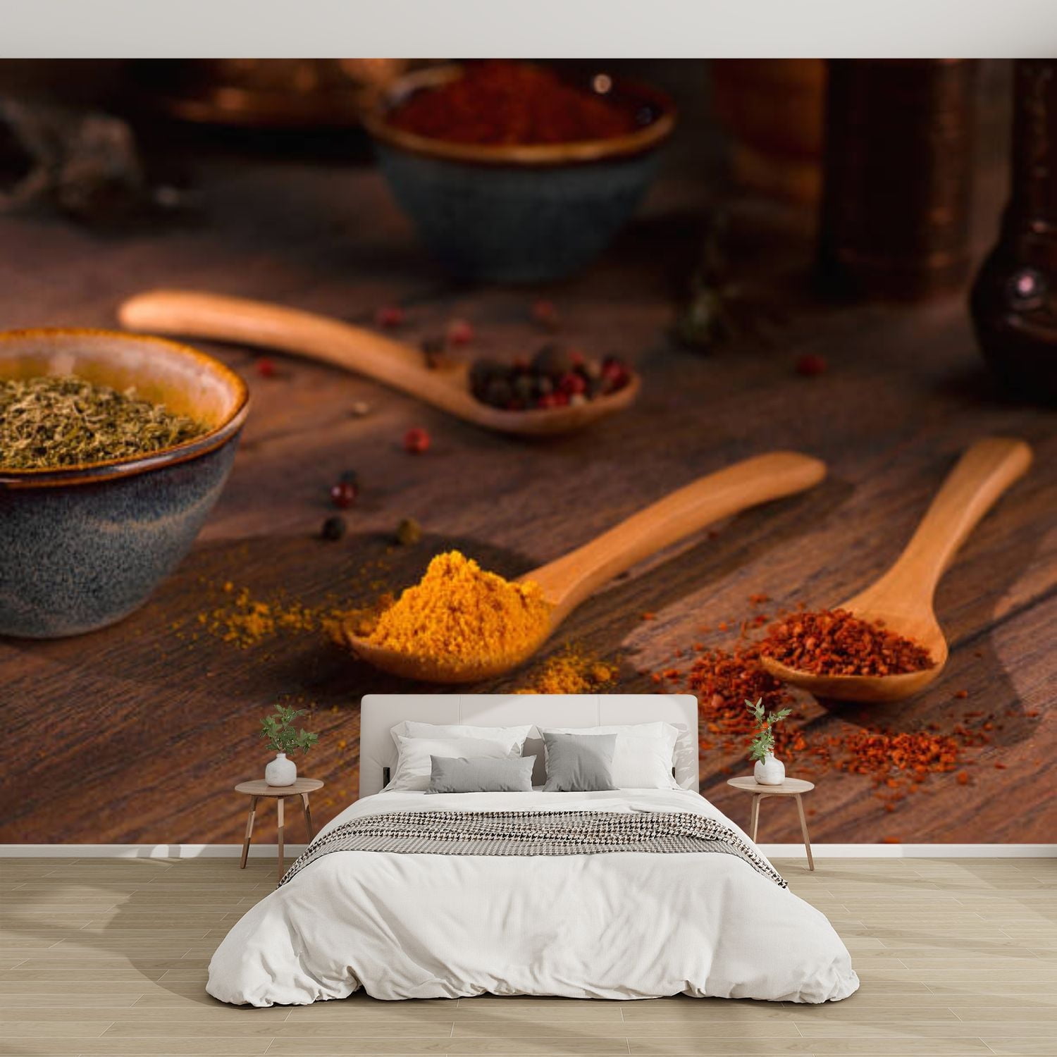 Modern Wallpaper Murals 3D Closeup saffron mint spices wooden spoons ...