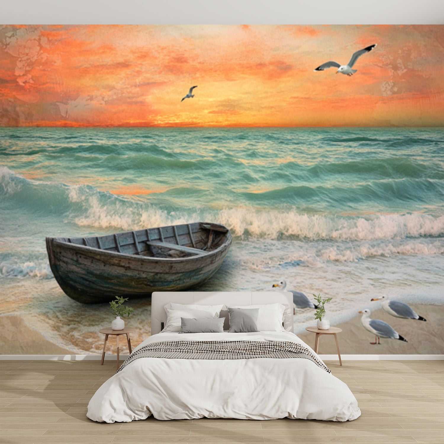 Modern Wallpaper Murals 3D Coastal Sunset Seagulls Wooden Rowboat Peel ...