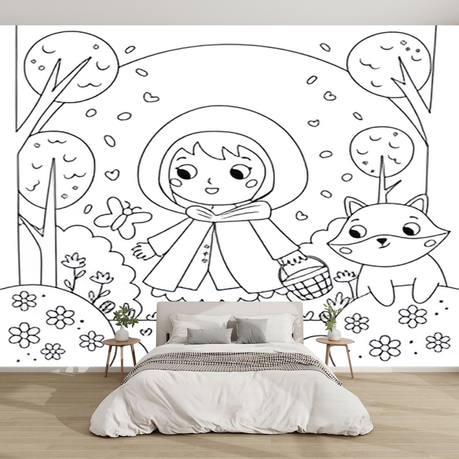 Modern Wallpaper Murals 3D Coloring Red Riding Hood basket Cute cartoon ...