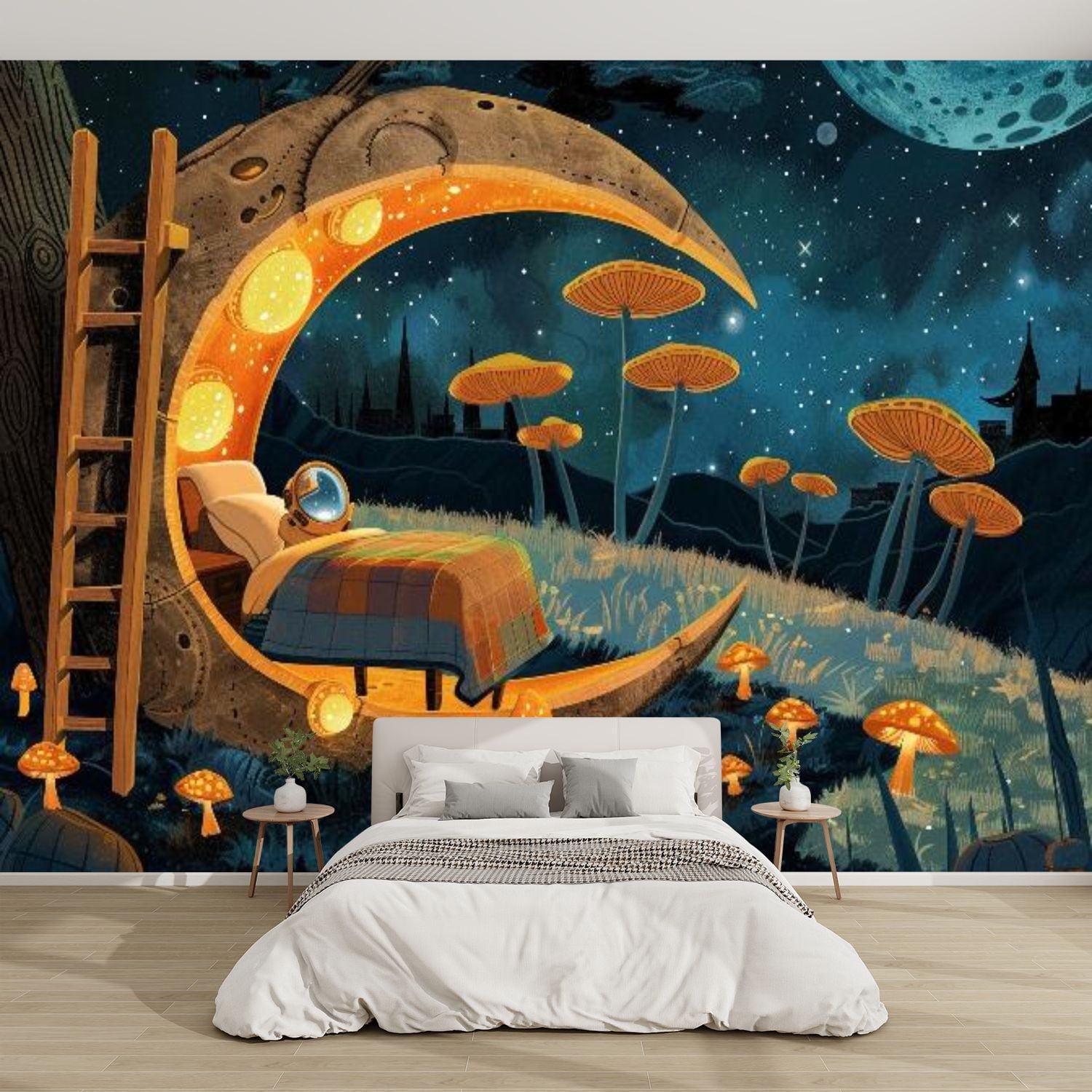 Modern Wallpaper Murals 3D Crescent Moon Bed Cosmic Glow Mushrooms Kid ...