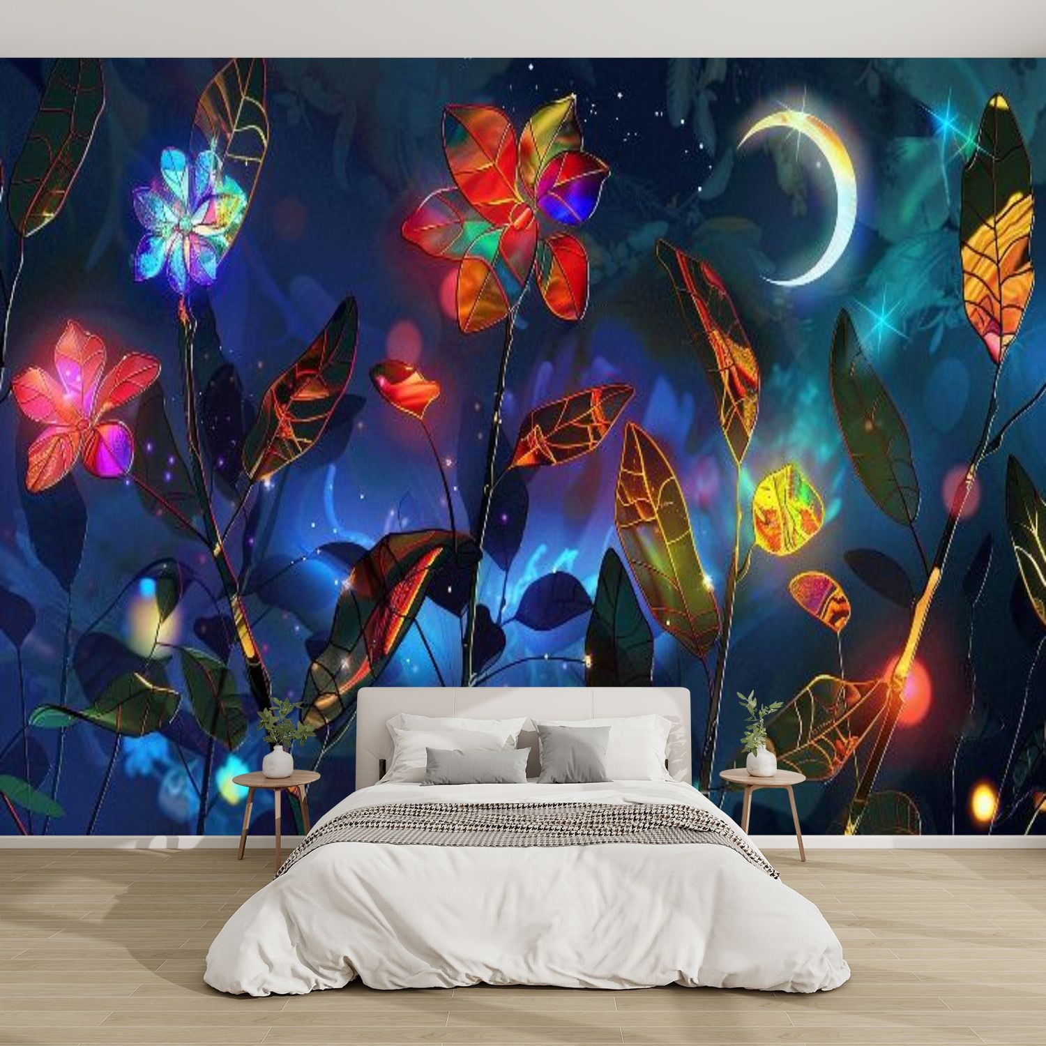 Modern Wallpaper Murals 3D Crescent Moon Bloom Vivid Stained Glass ...