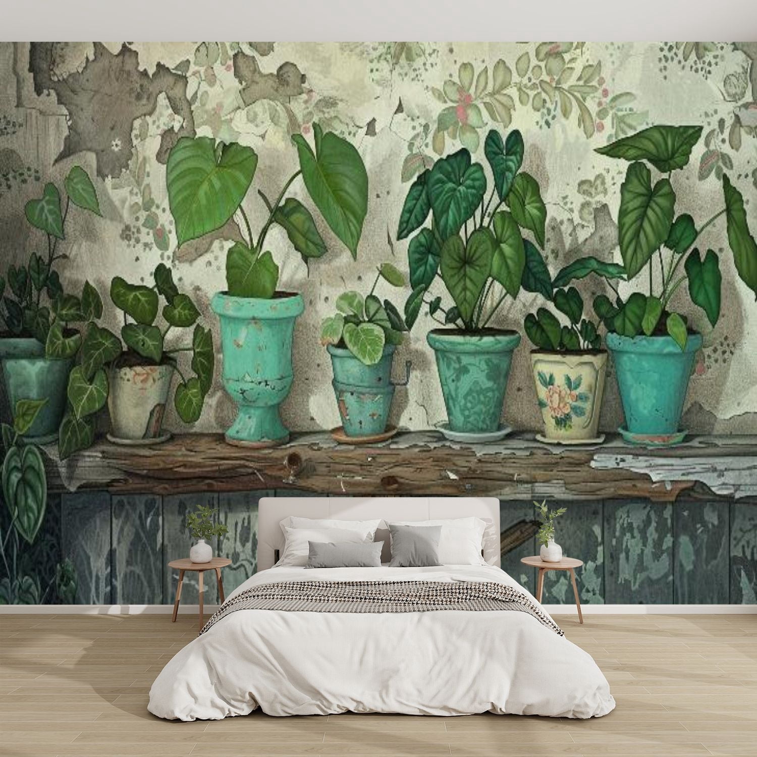 Modern Wallpaper Murals 3D Dawn Light Shelf Leafy Plants Vintage Pot ...