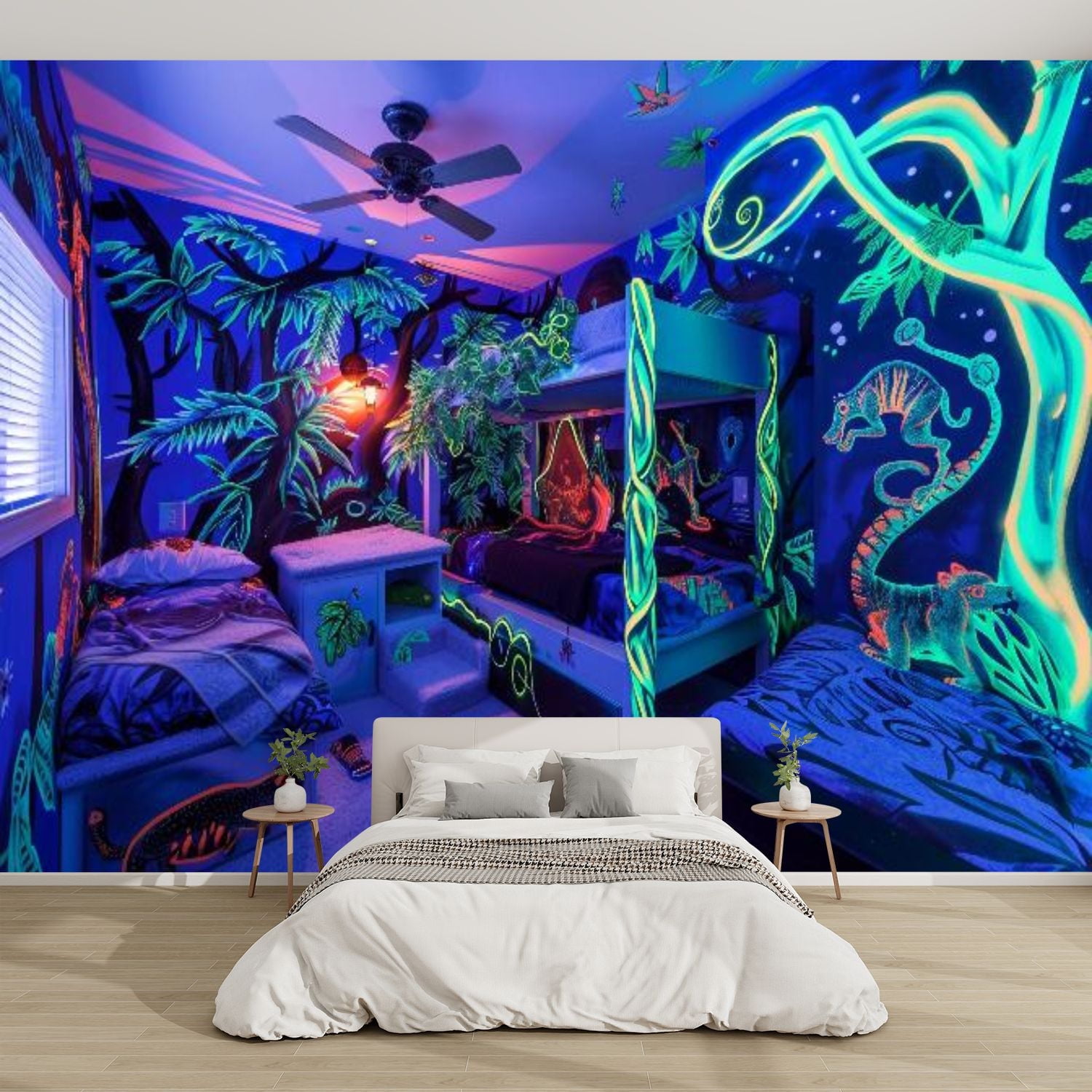 Modern Wallpaper Murals 3D Dynamic Neon Jungle Mural 3D Vines Animals ...