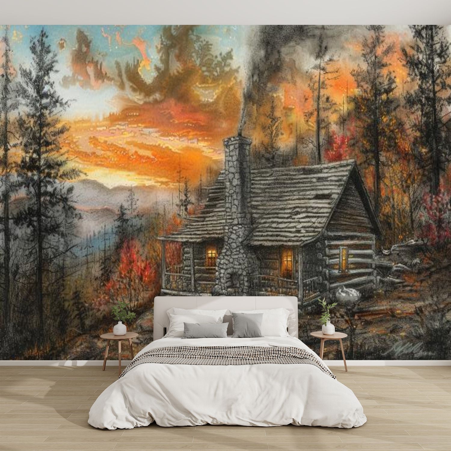 Modern Wallpaper Murals 3D Early Settler Log Cabin Sunset Art Color ...