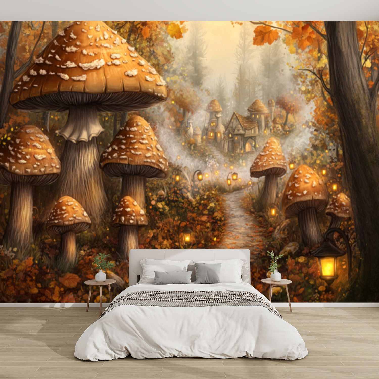 Modern Wallpaper Murals 3D Earthy Autumn Forest lit Village Peel and ...