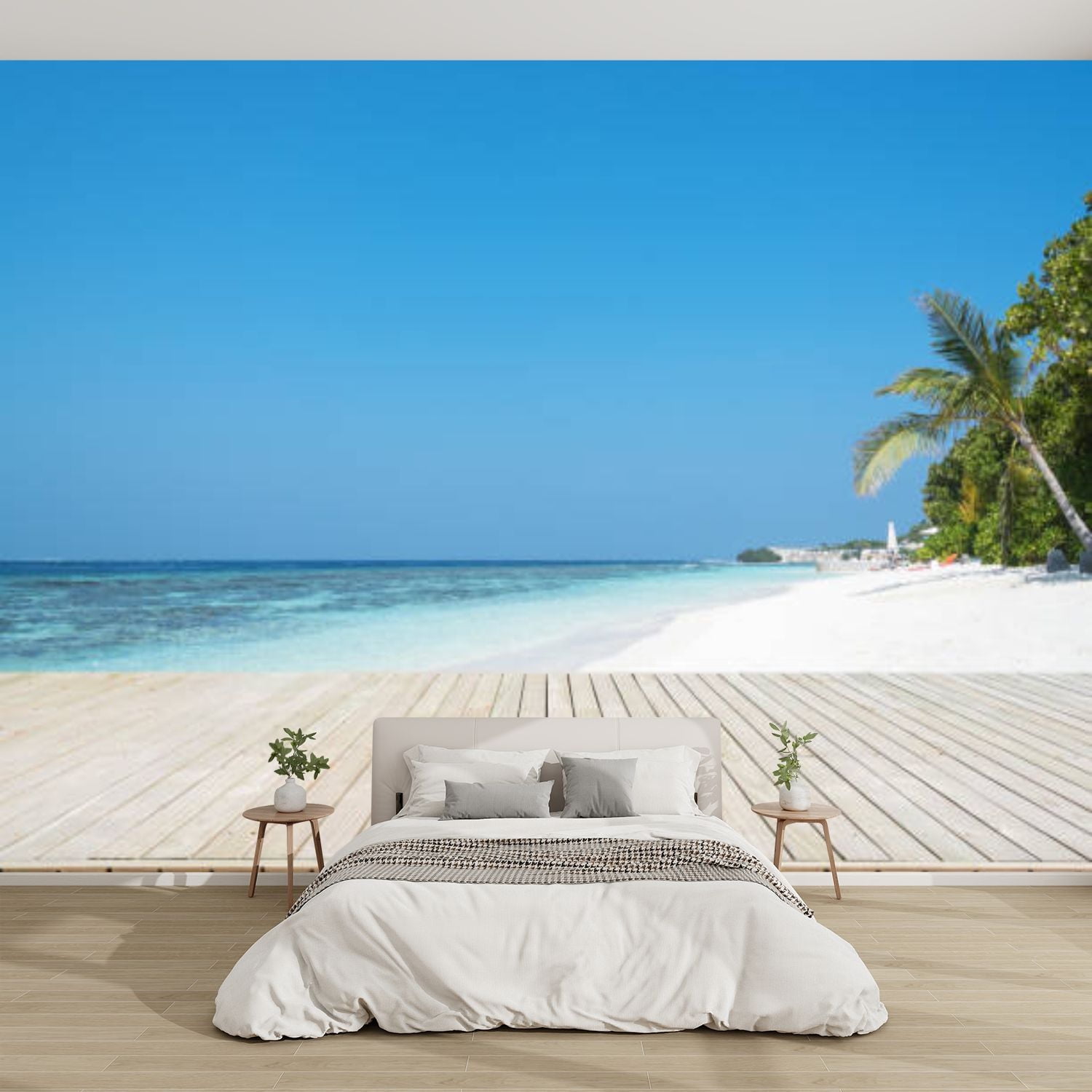 Modern Wallpaper Murals 3D Empty wooden terrace beside beautiful ...