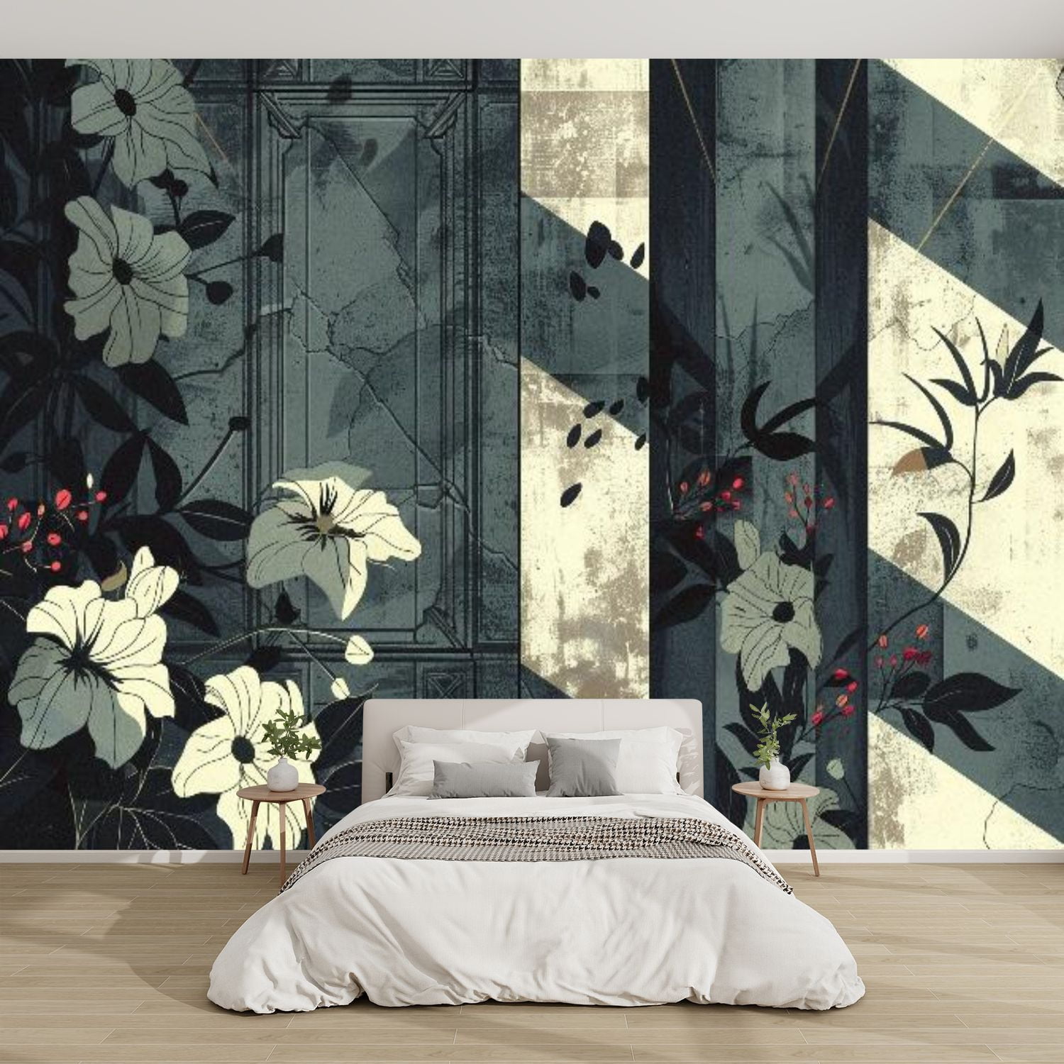 Modern Wallpaper Murals 3D Floral vs Concrete Art A Peel and Stick ...