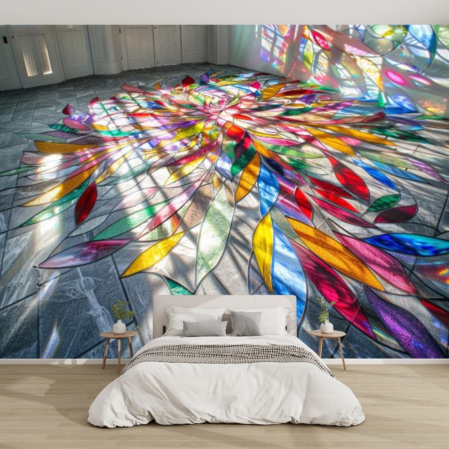 Modern Wallpaper Murals 3D Flower Mosaic Stained Glass Window Film Peel ...