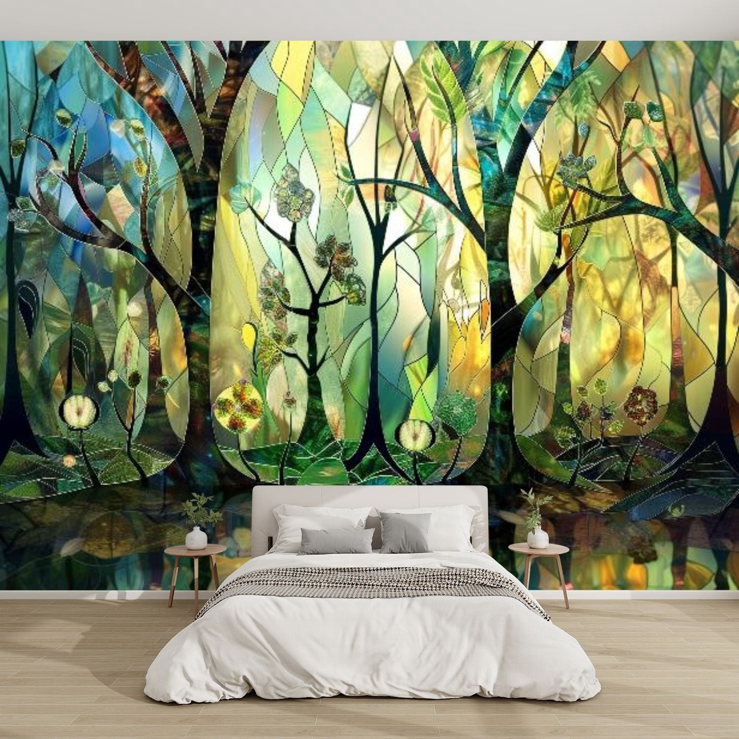 Modern Wallpaper Murals 3D Forest Panorama Stained Glass Peel and Stick ...
