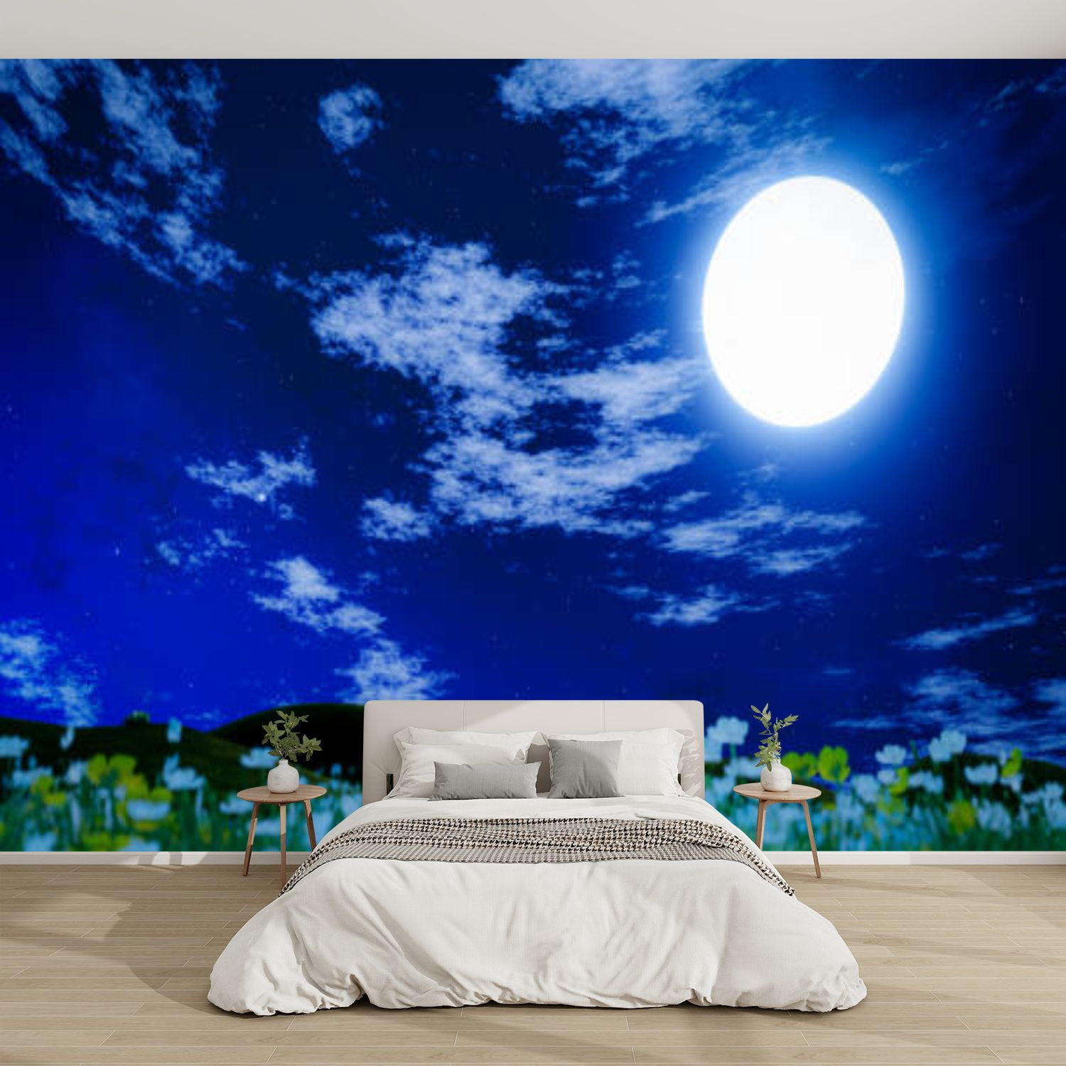 Modern Wallpaper Murals 3D Full moon shone brightly stars sky few ...