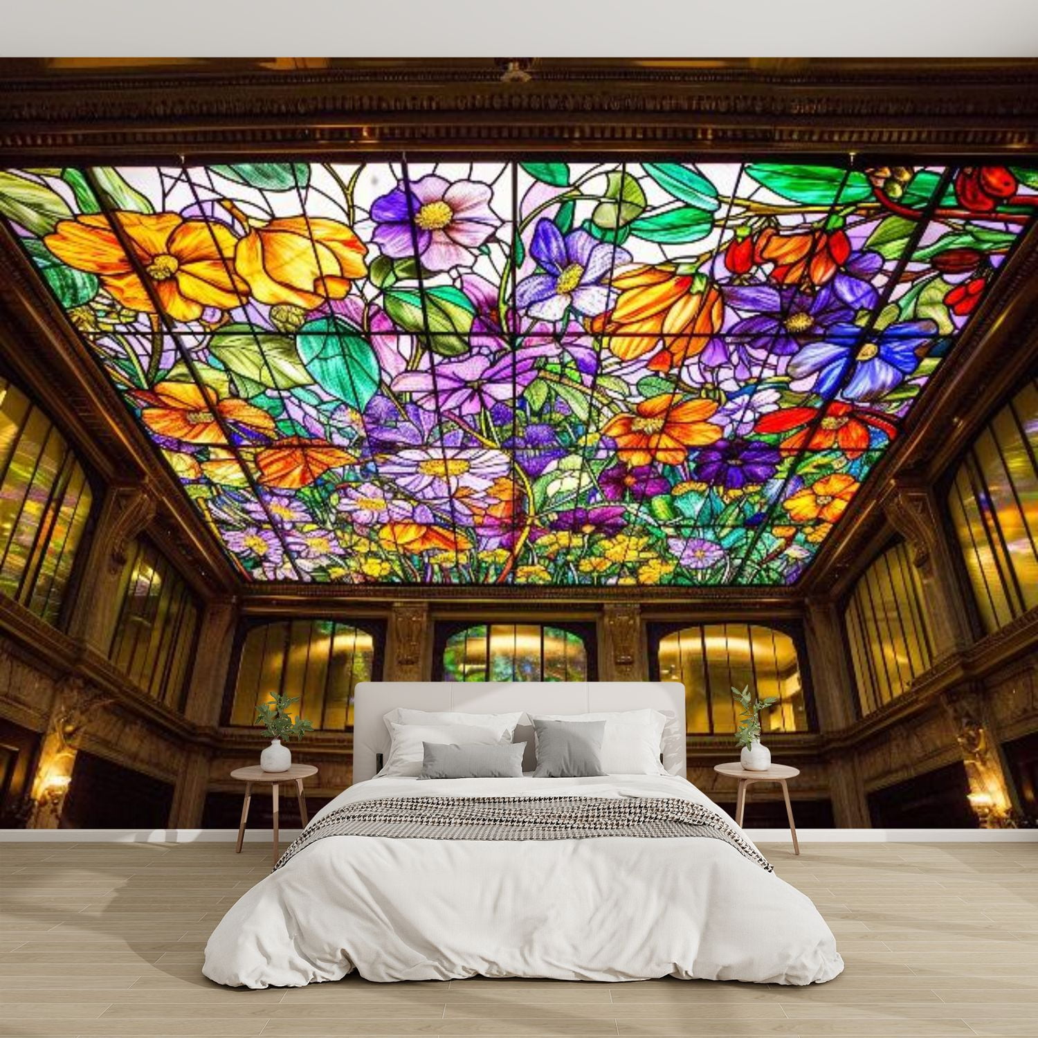 Modern Wallpaper Murals 3D Garden Backlit High Ceiling Stained Peel and ...