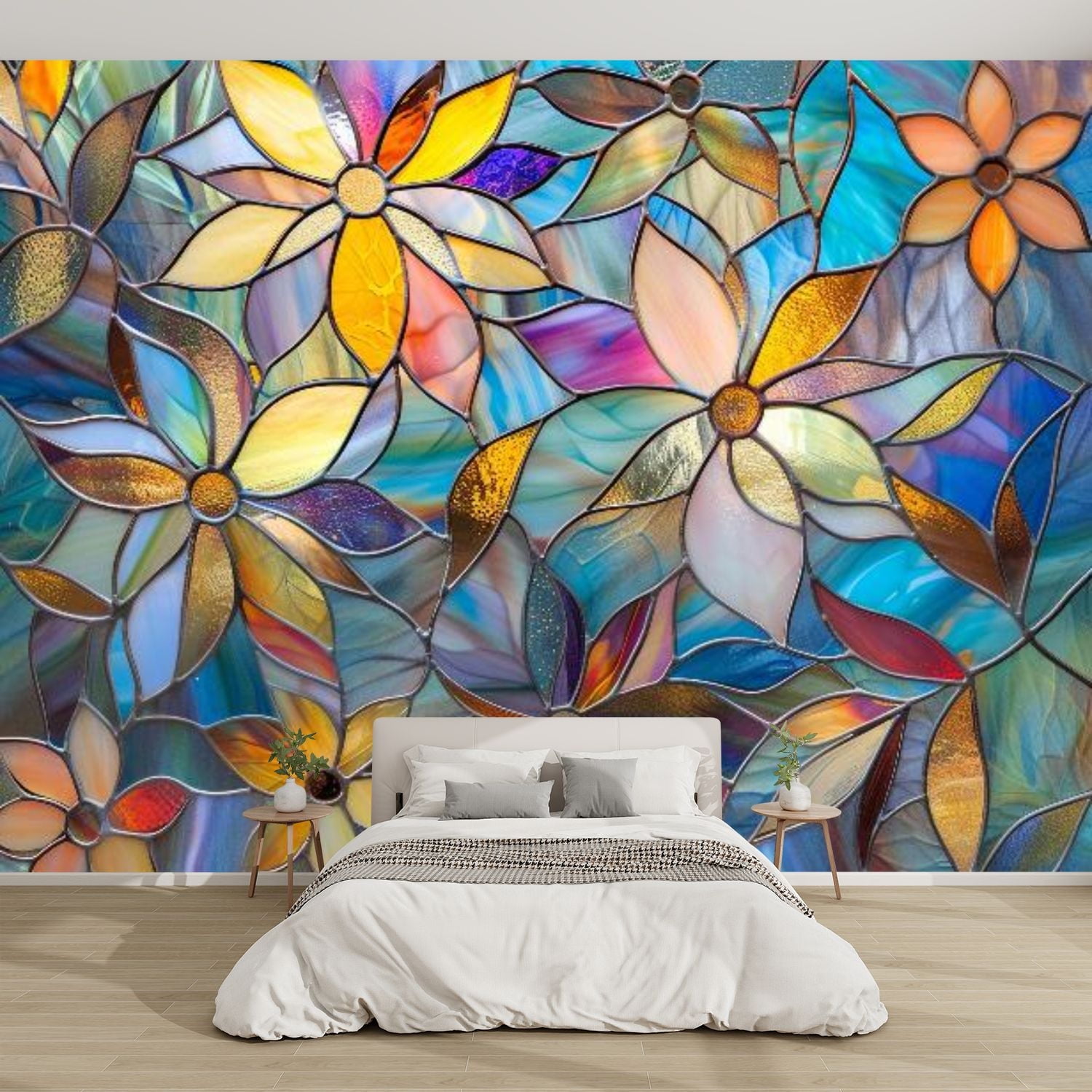 Modern Wallpaper Murals 3D Glow Floral Stained Glass Window Pastel ...