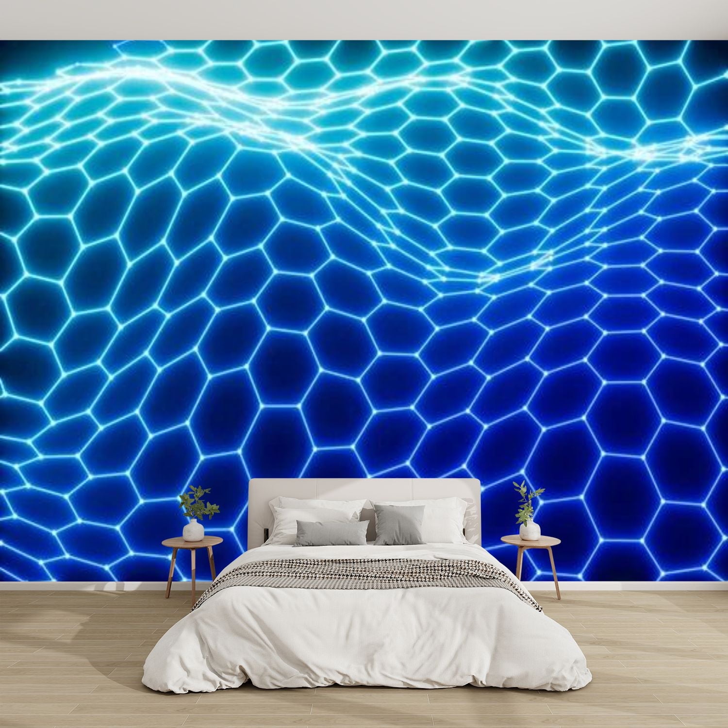 Modern Wallpaper Murals 3D Glowing hexagonal grid neon 3d rendering ...