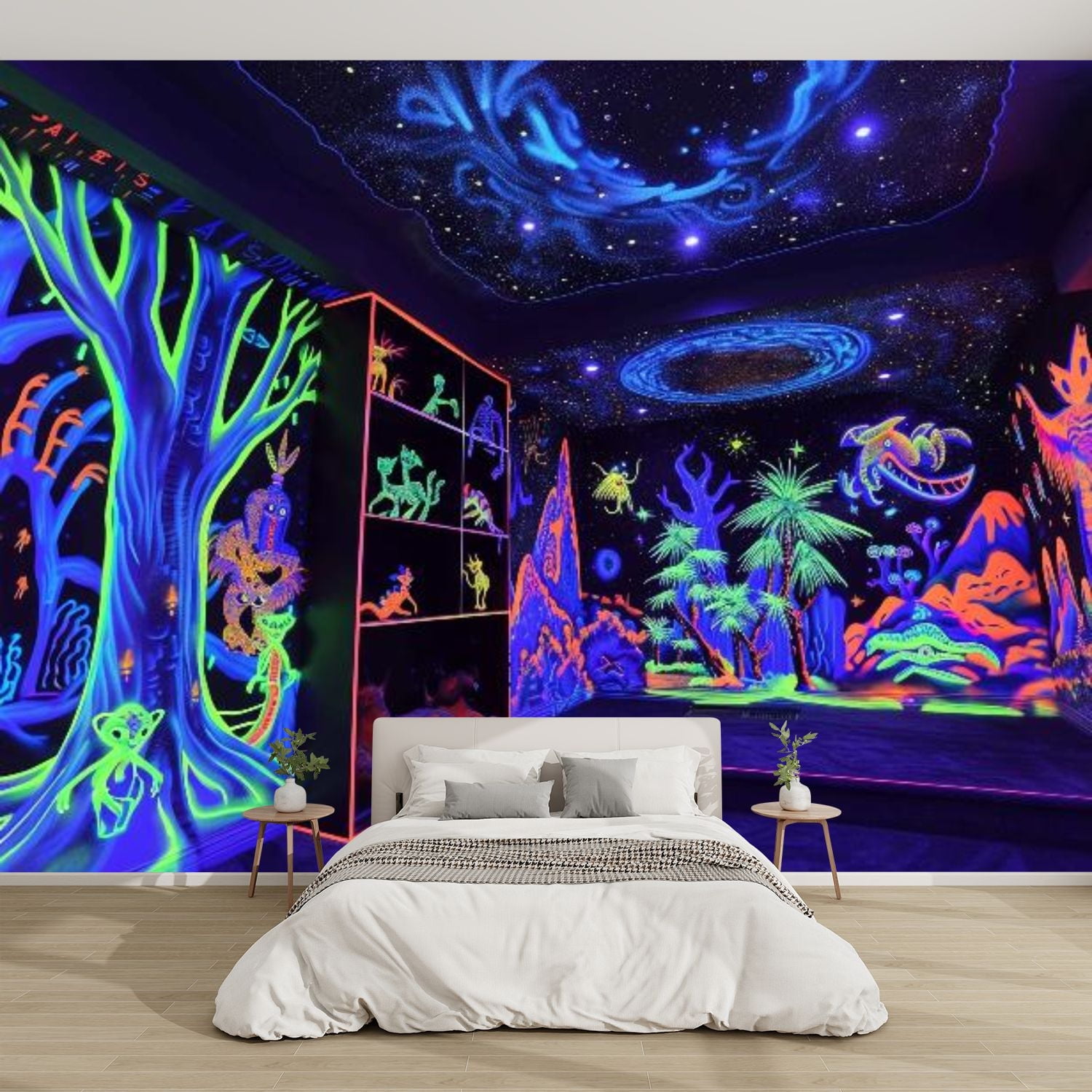 Modern Wallpaper Murals 3D Hidden Neon Jungle Stars Blacklight Room ...