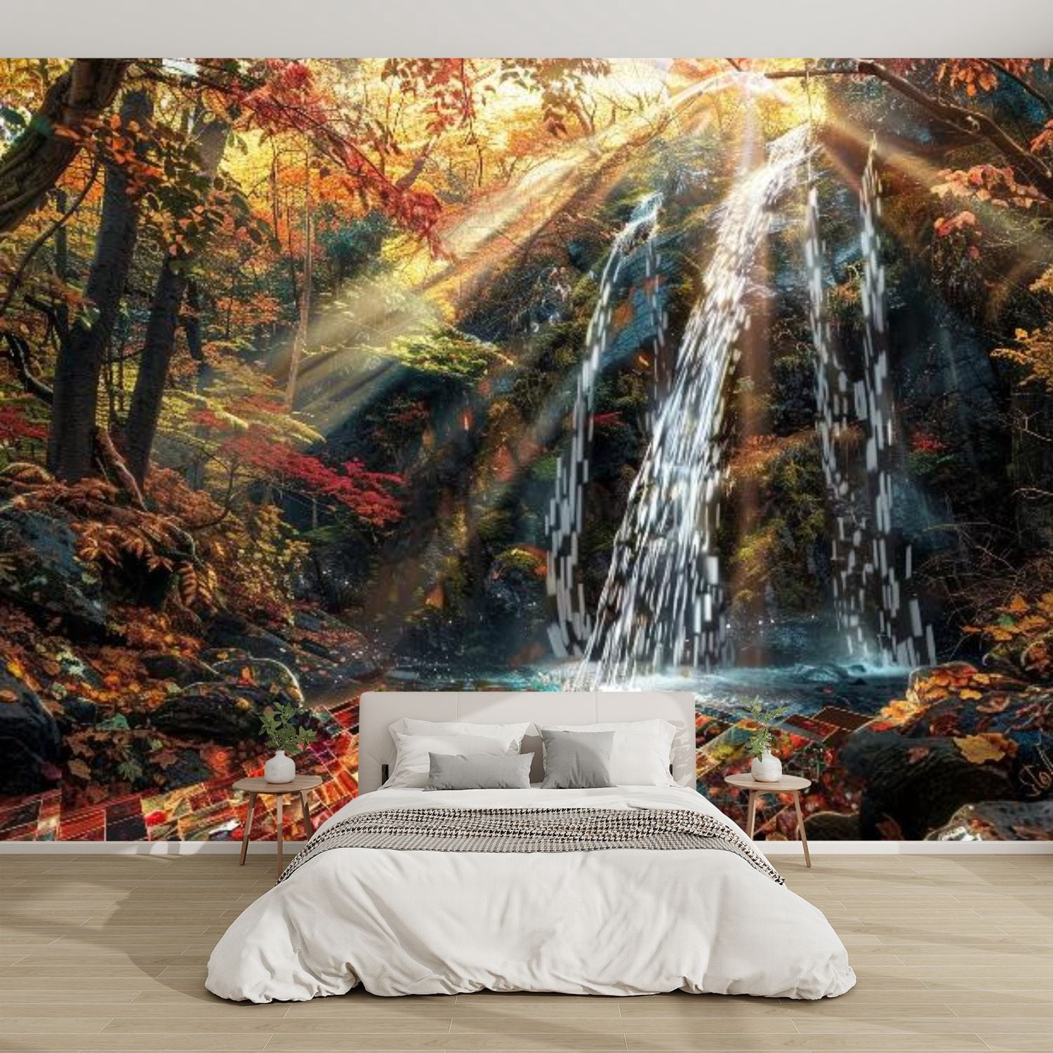 Modern Wallpaper Murals 3D Hidden Waterfall Illustration Smoky Autumn ...