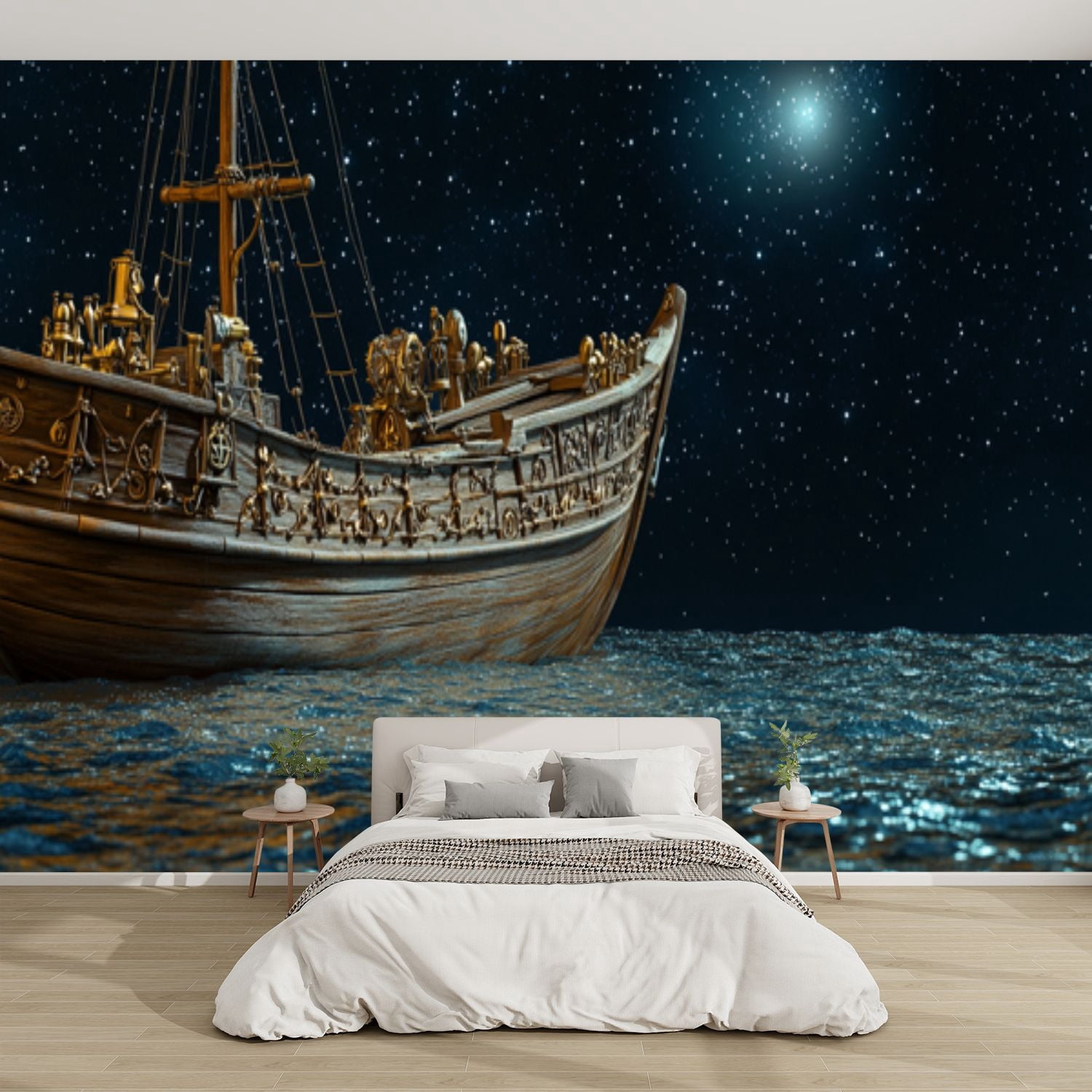 Modern Wallpaper Murals 3D Hyper Realistic Boat Scene Serene Silver ...