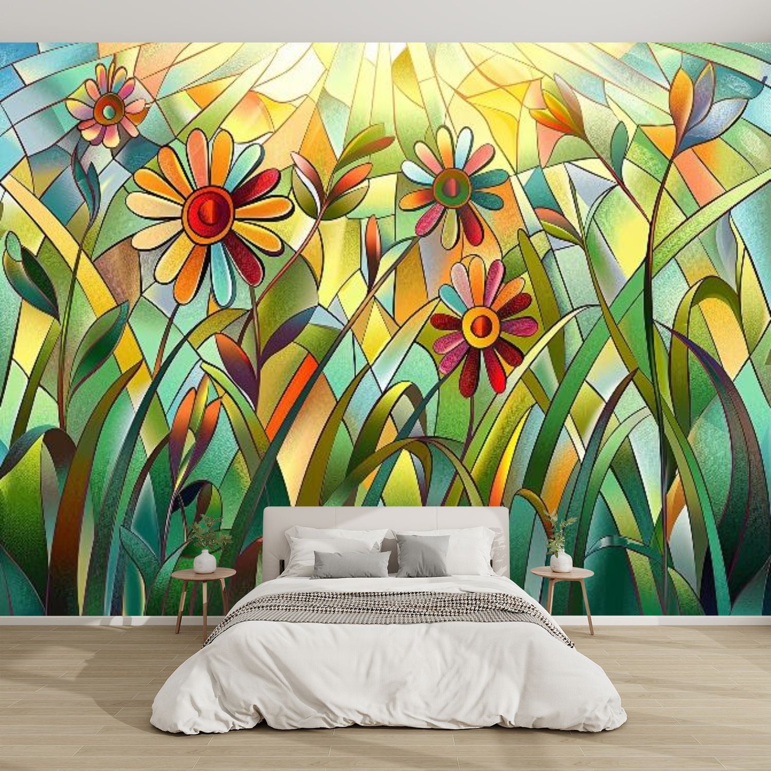 Modern Wallpaper Murals 3D Idyllic Peaceful Stained Glass Countryside ...