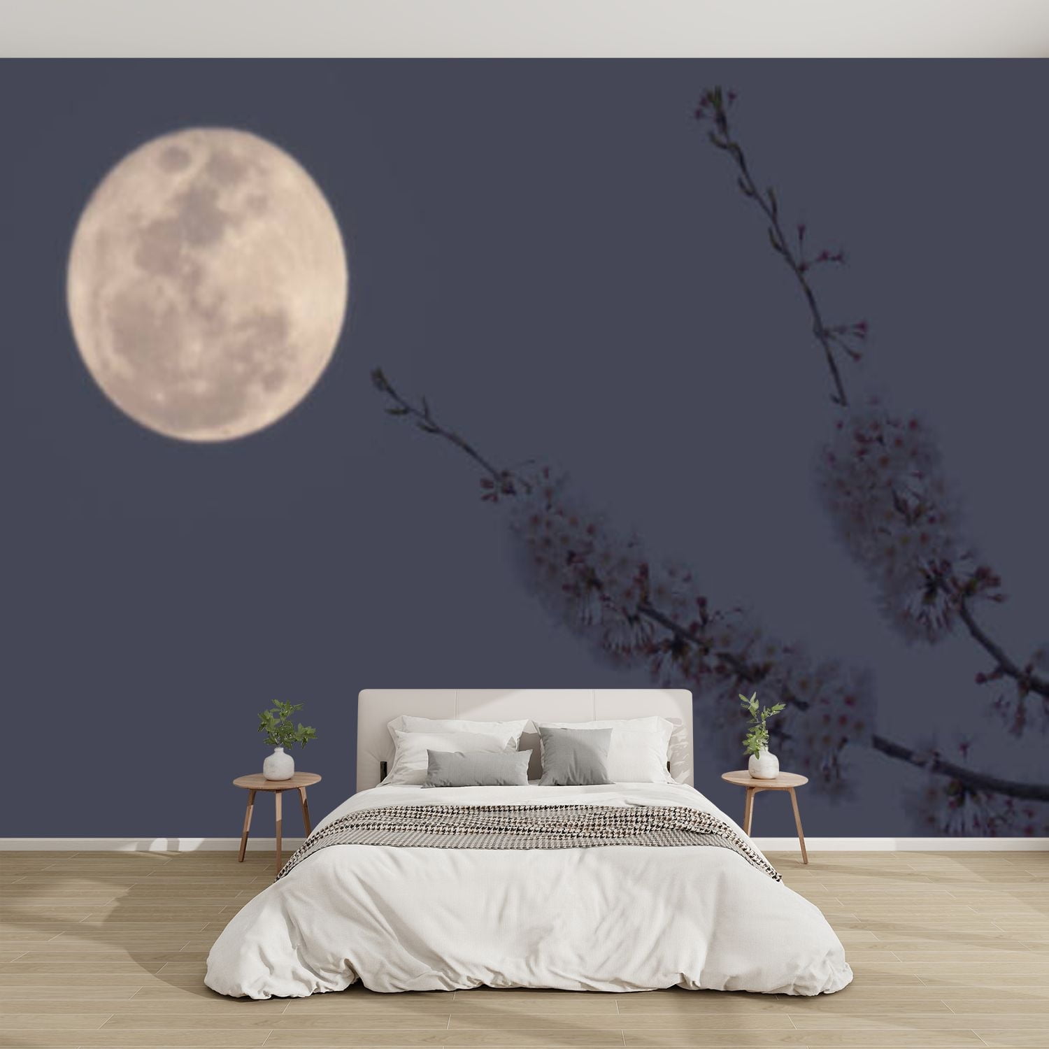 Modern Wallpaper Murals 3D Japanese cherry blossom tree full moon night ...