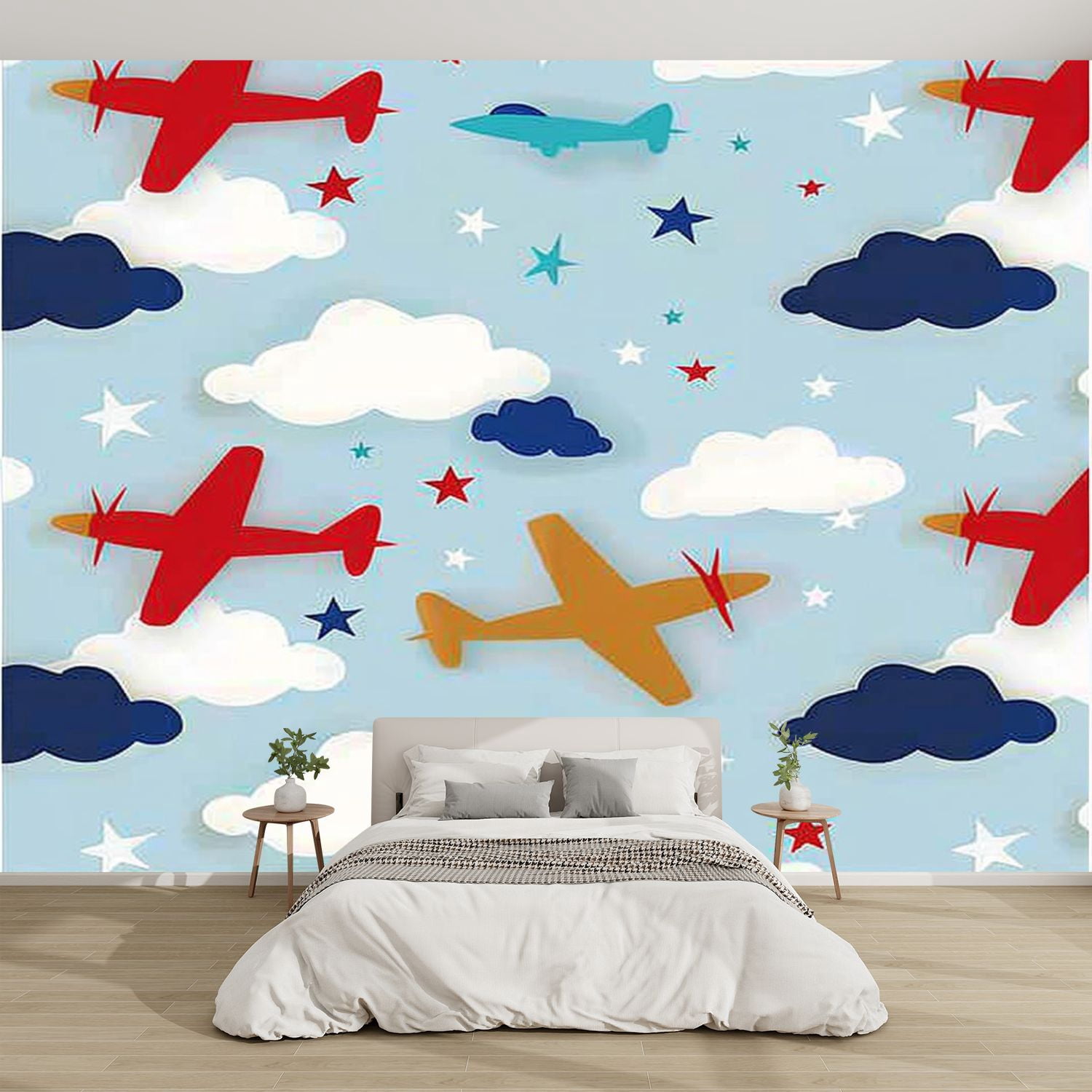 Modern Wallpaper Murals 3D Kids seamless pattern airplanes stars clouds ...
