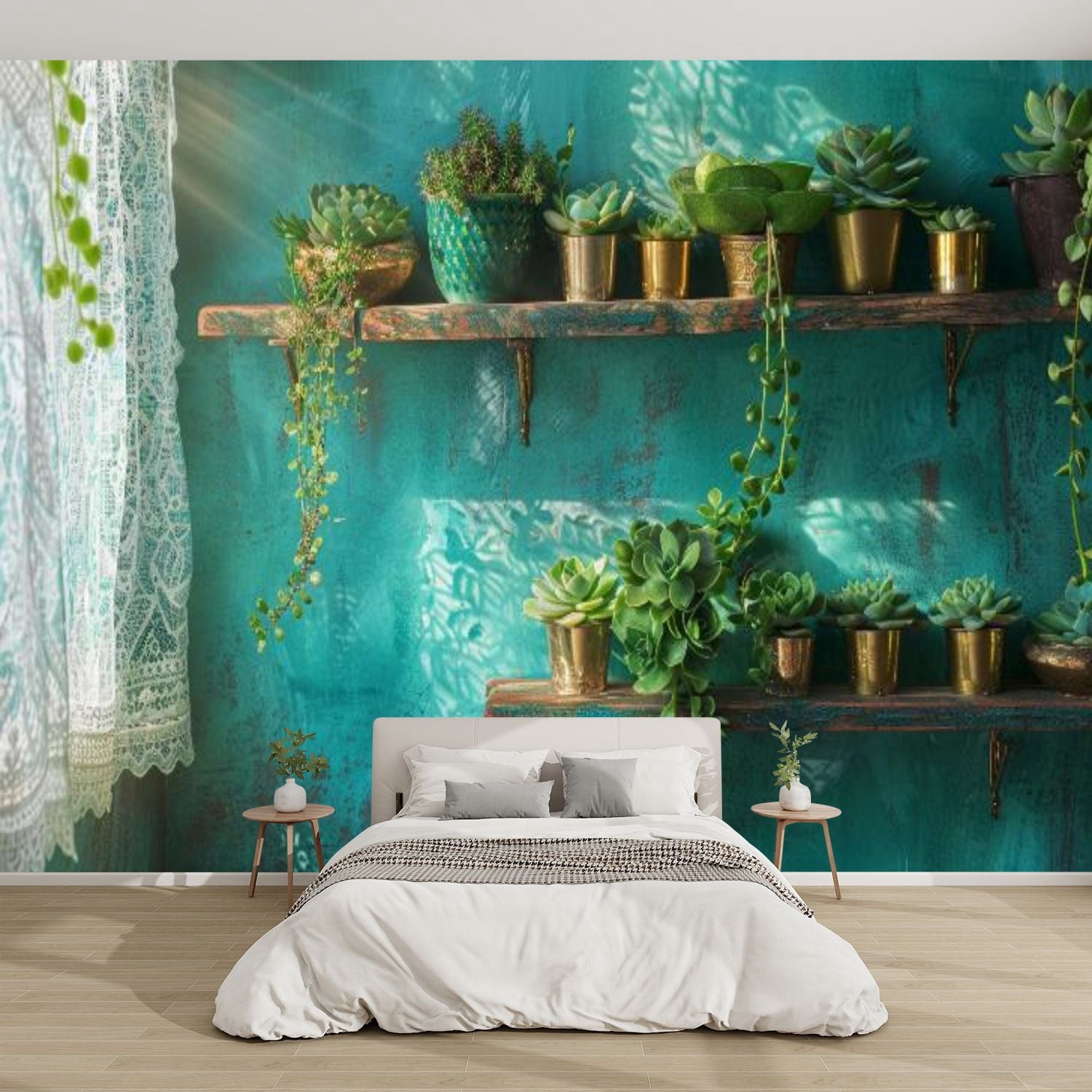Modern Wallpaper Murals 3D Lace Curtain Light Vintage Succulent Shelf ...
