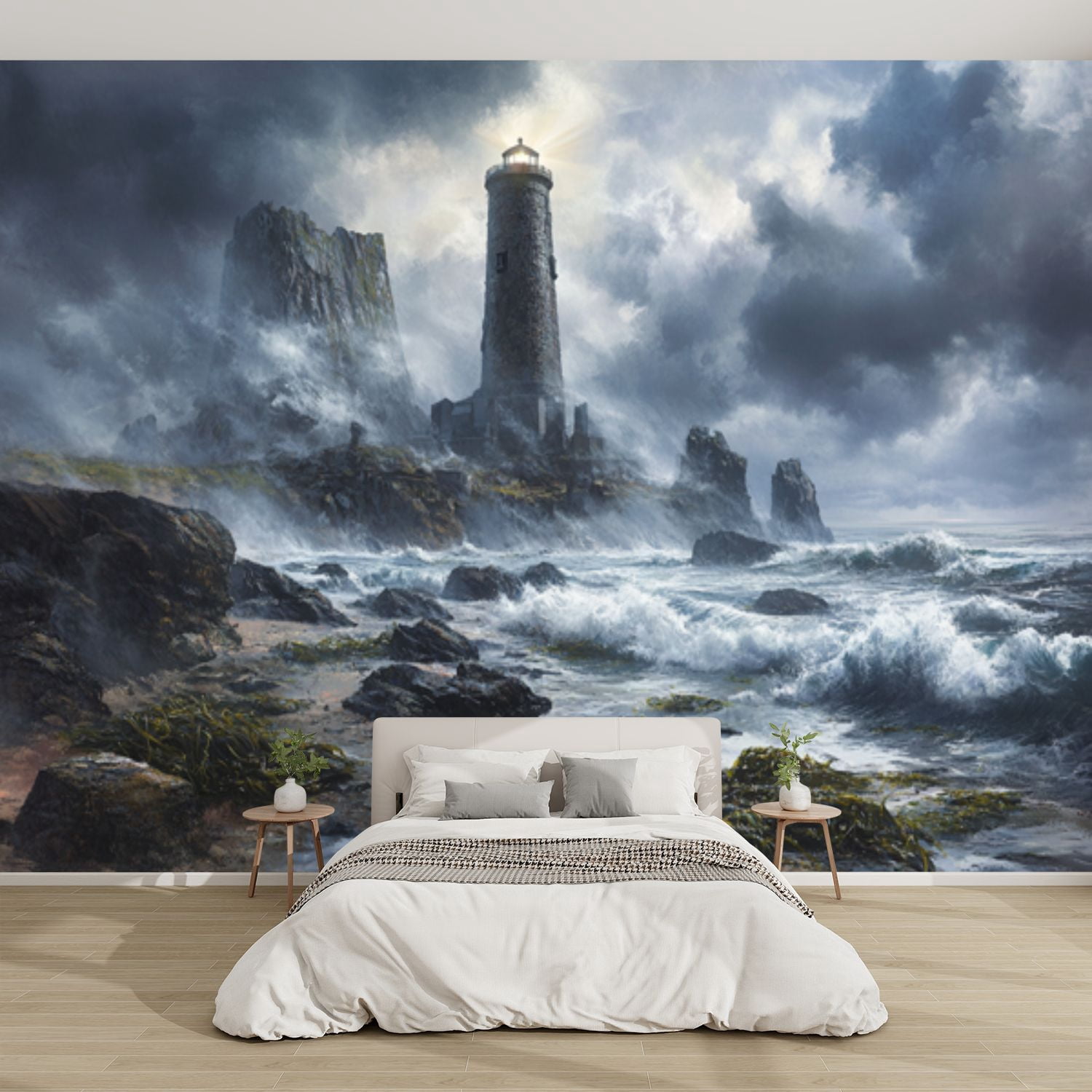 Modern Wallpaper Murals 3D Lighthouse Illustration Waves Jagged Rocks ...