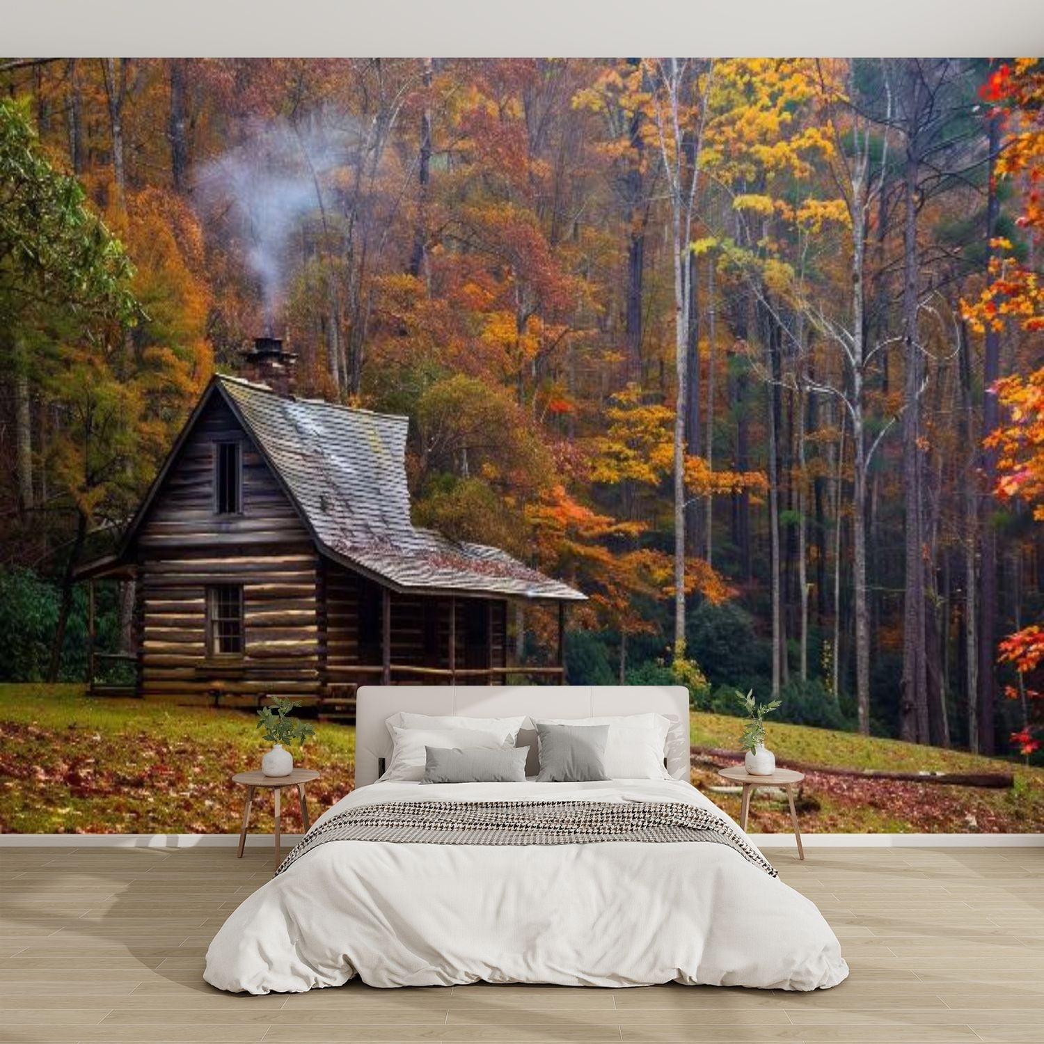 Modern Wallpaper Murals 3D Mini Wooden Cabin Forest Smoky Chimney Peel ...