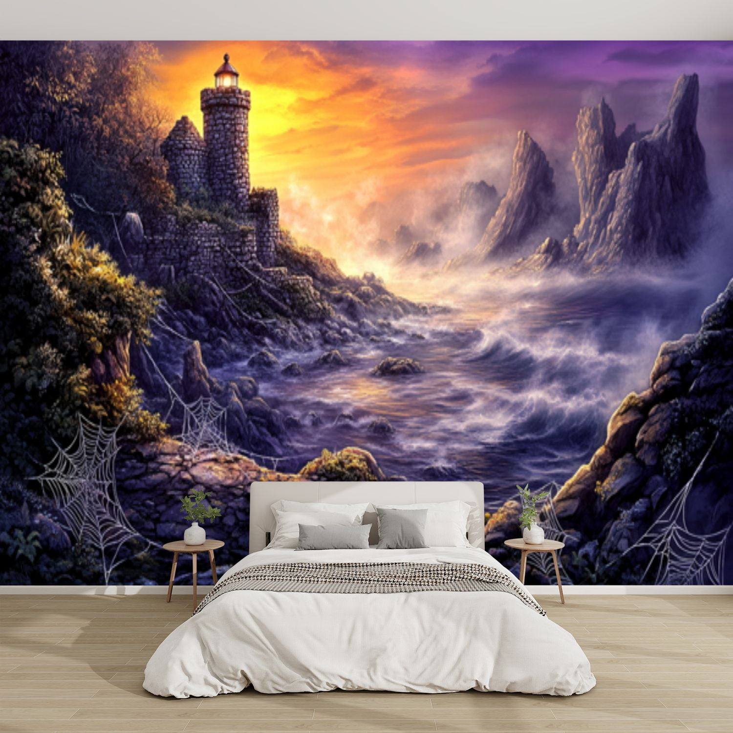 Modern Wallpaper Murals 3D Misty Seascape Lighthouse Realistic Fantasy ...